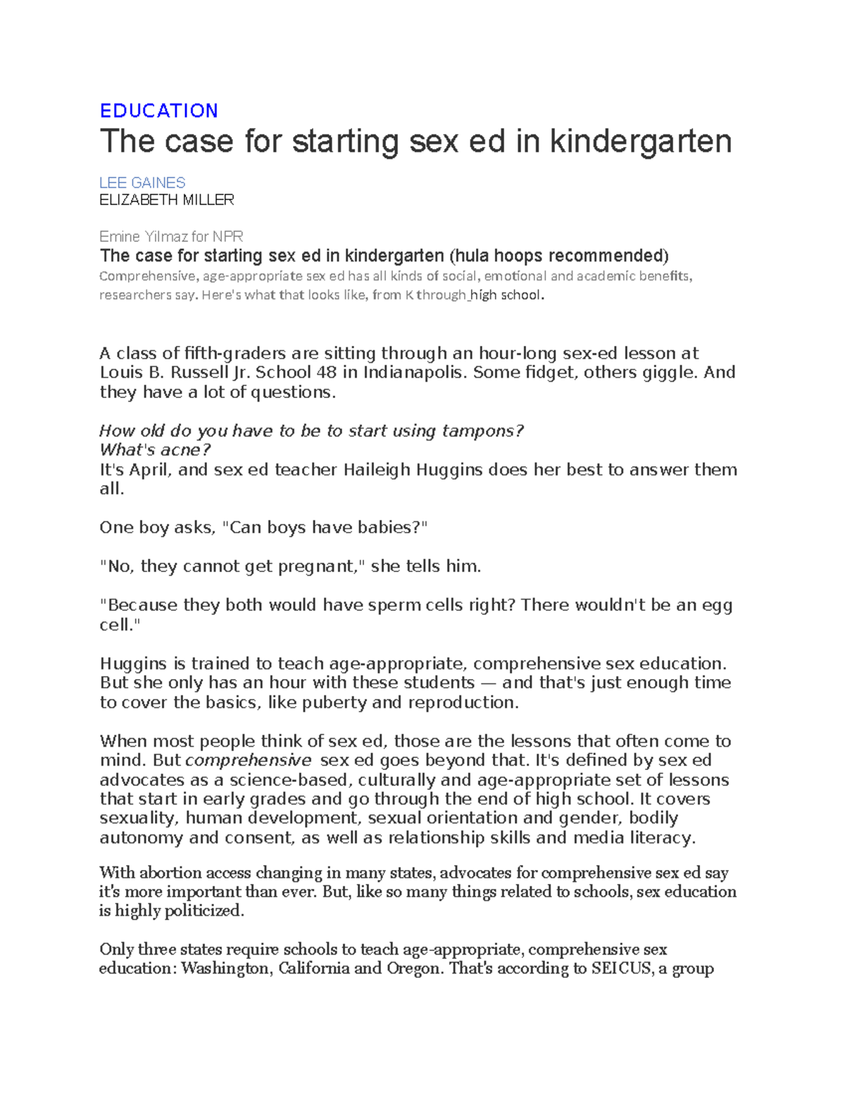 EDUCATION The Case for Comprehensive Sex Ed K-12: Benefits & Approaches ...