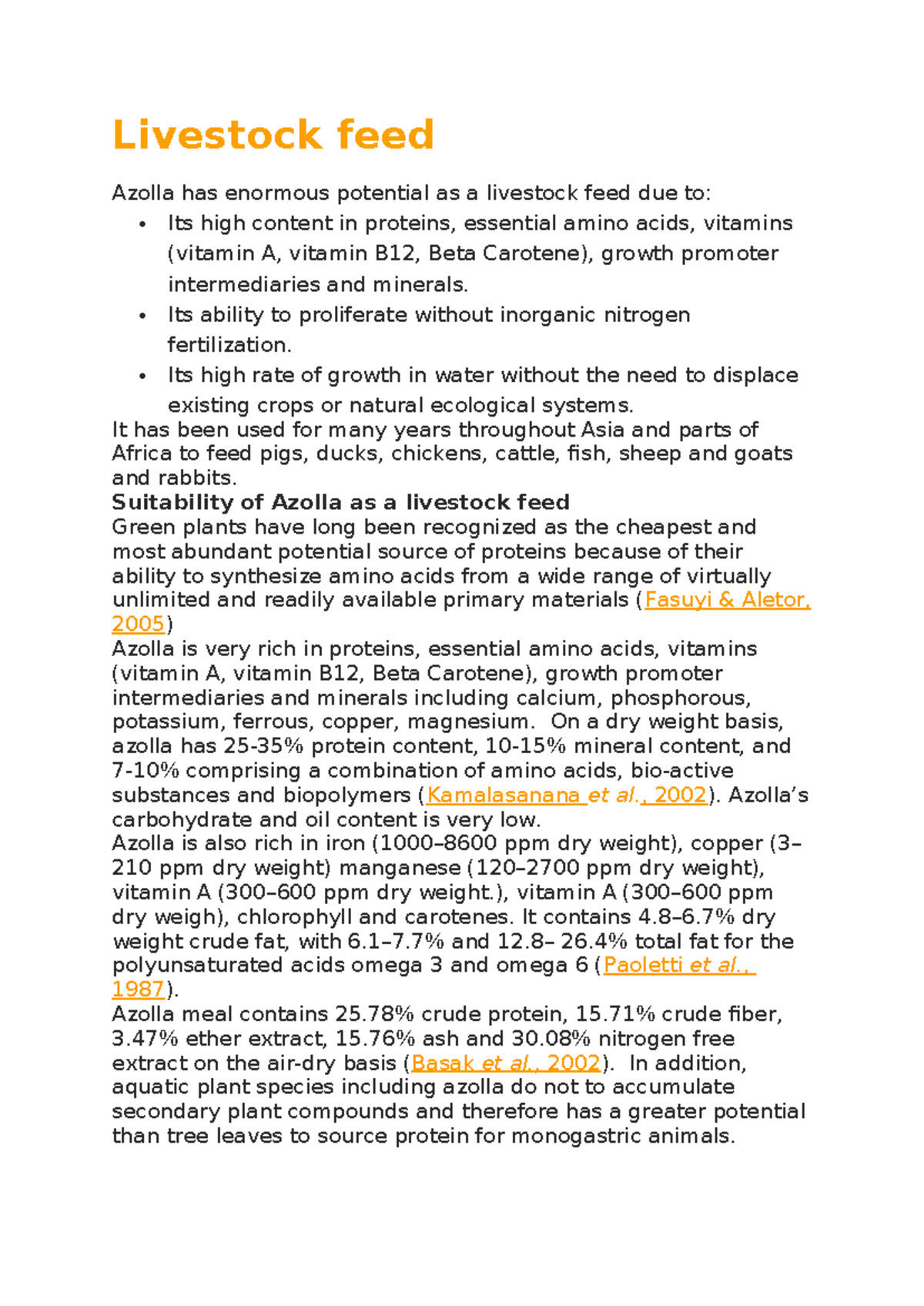 Azolla as Livestock Feed: Nutritional Benefits and Applications - Studocu