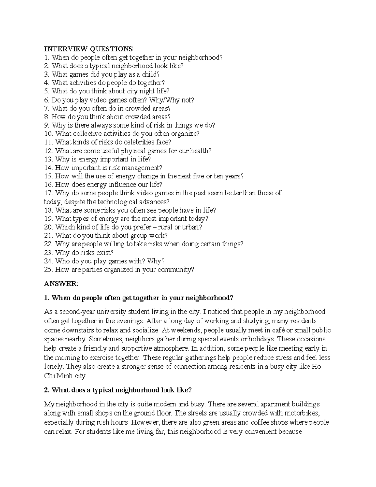 Speaking Part 1 Interview Questions TATQ3 - Studocu