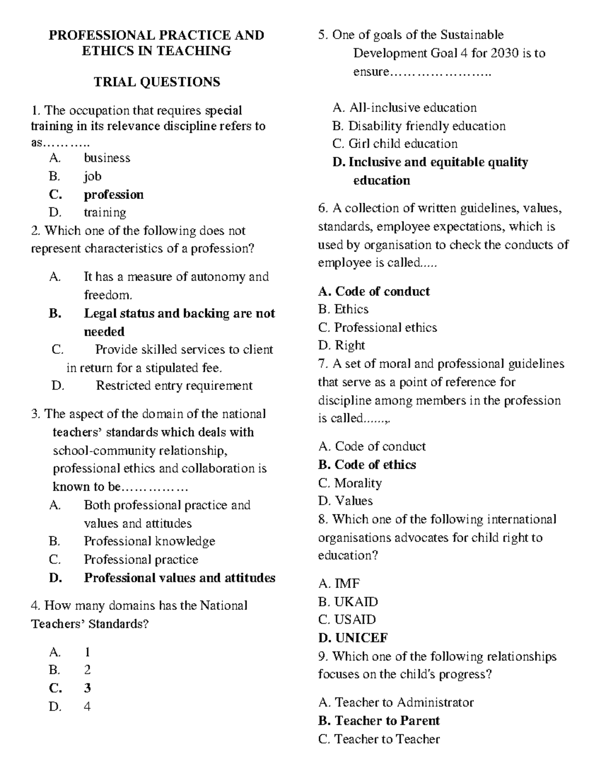 Professional Practice trial questions - PROFESSIONAL PRACTICE AND ...