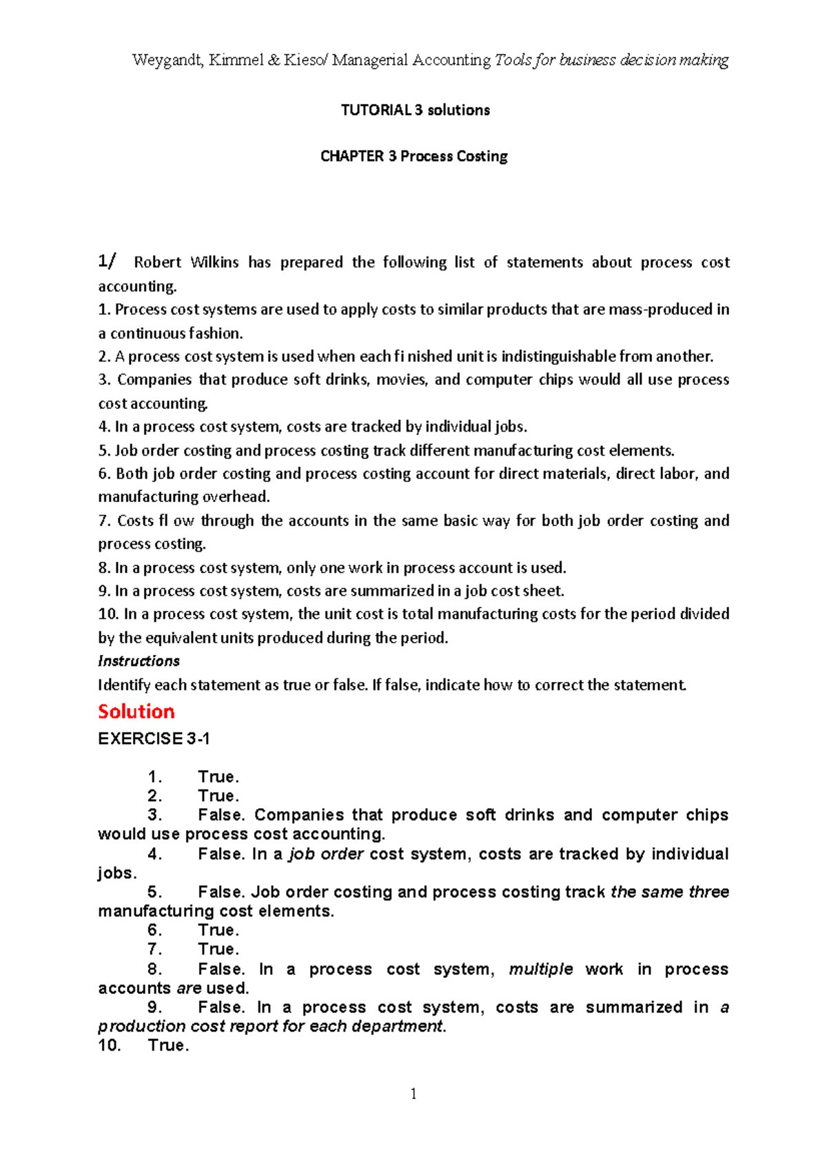 Corr TUT 3 - Solutions for Process Costing in Chapter 3 - Studocu
