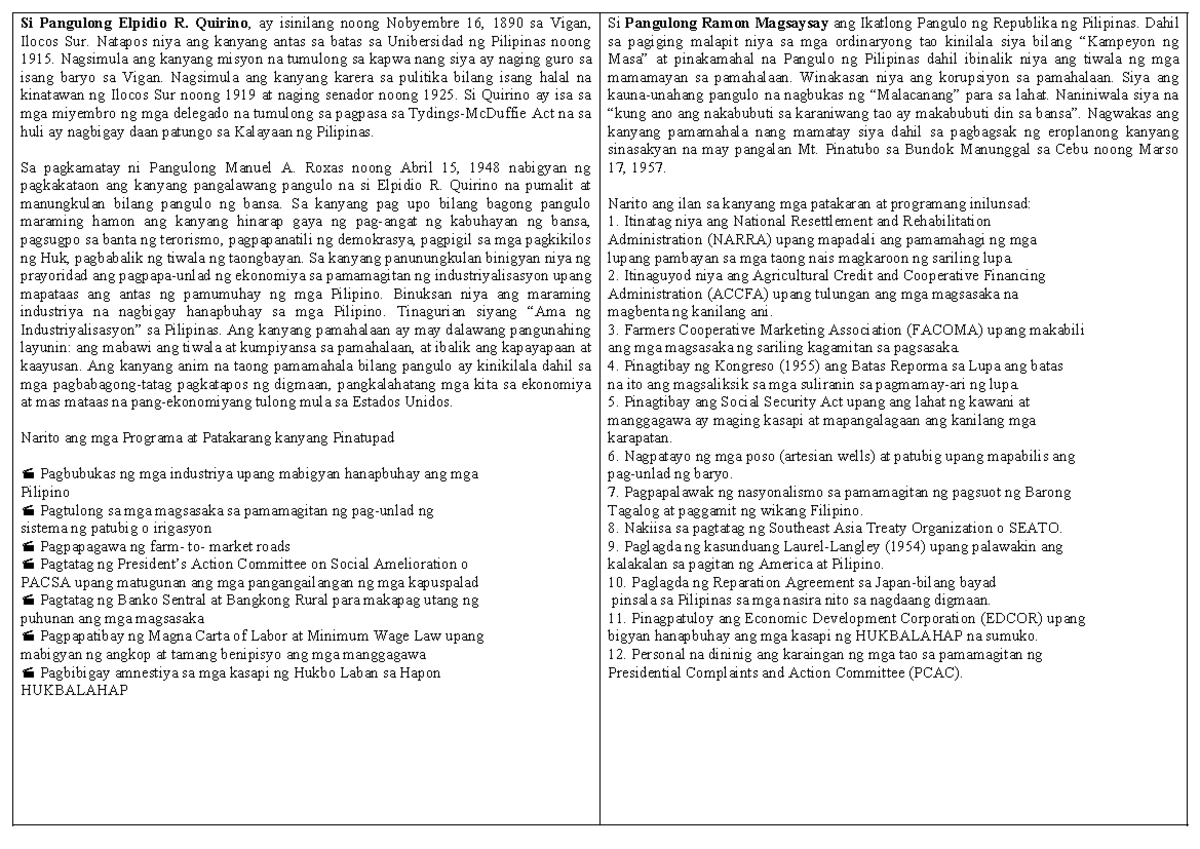 Mga Gawain at Programa ng mga Pangulo ng Pilipinas - Studocu