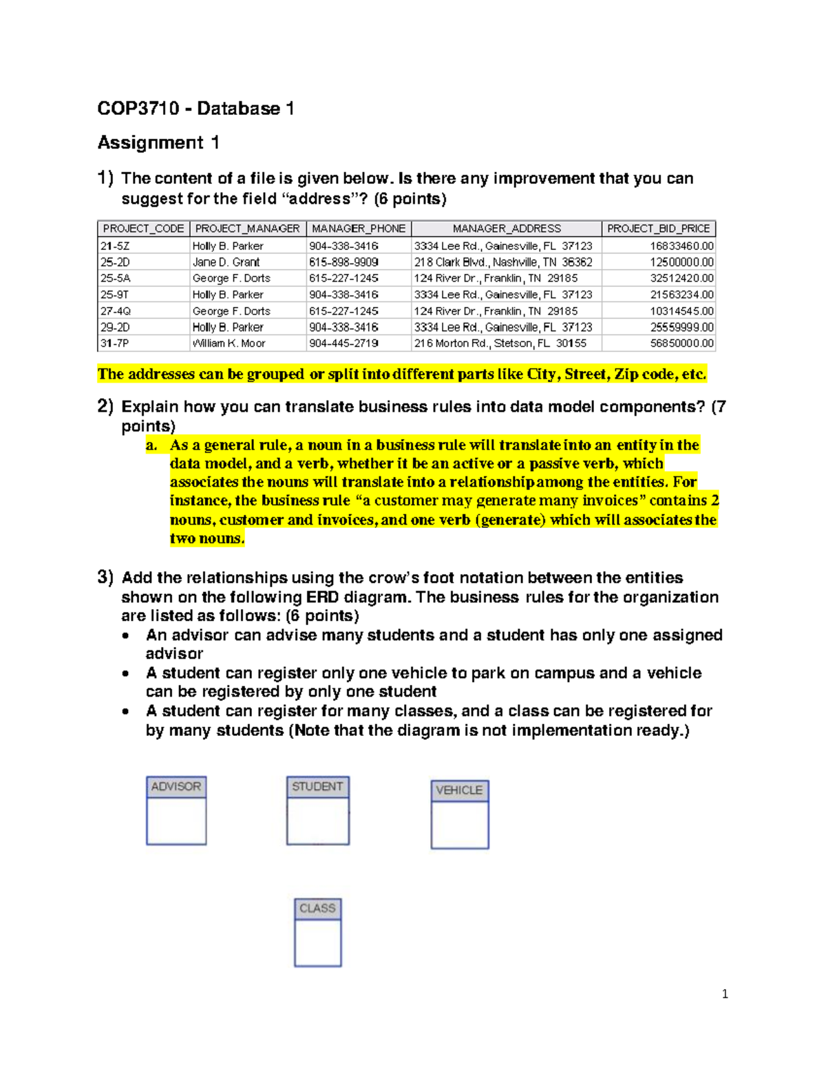 COP3710 Assignment 1 Questions 1 - COP3 710 - Database 1 Assignment 1 1) The content of a file ...