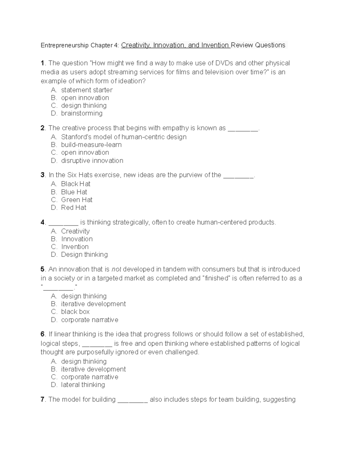 Entrepreneurship Chapter 4 Creativity, Innovation, and Invention Review ...