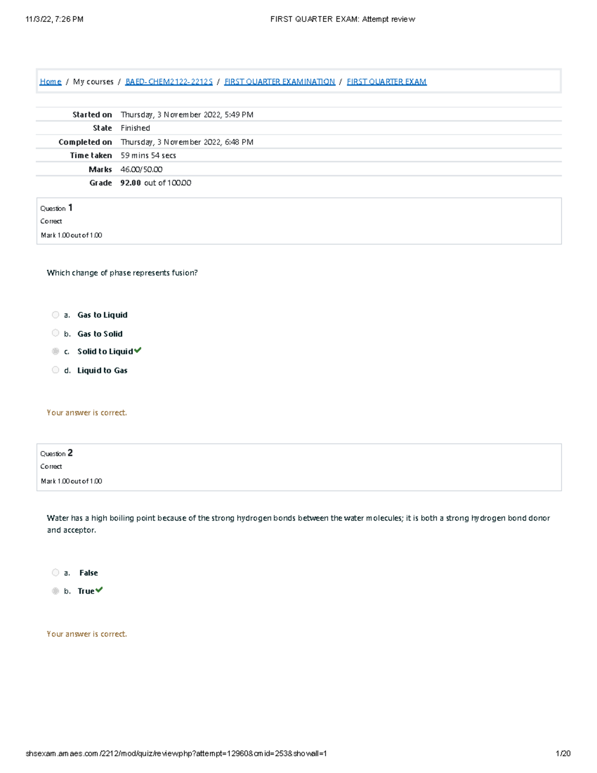 BAED-CHEM2122-2212S First Quarter Exam Physics Answers and Analysis ...