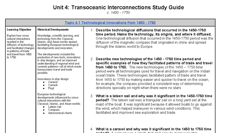Unit 4 Study Guide: Transoceanic Interconnections (c. 1450-1750) - Studocu