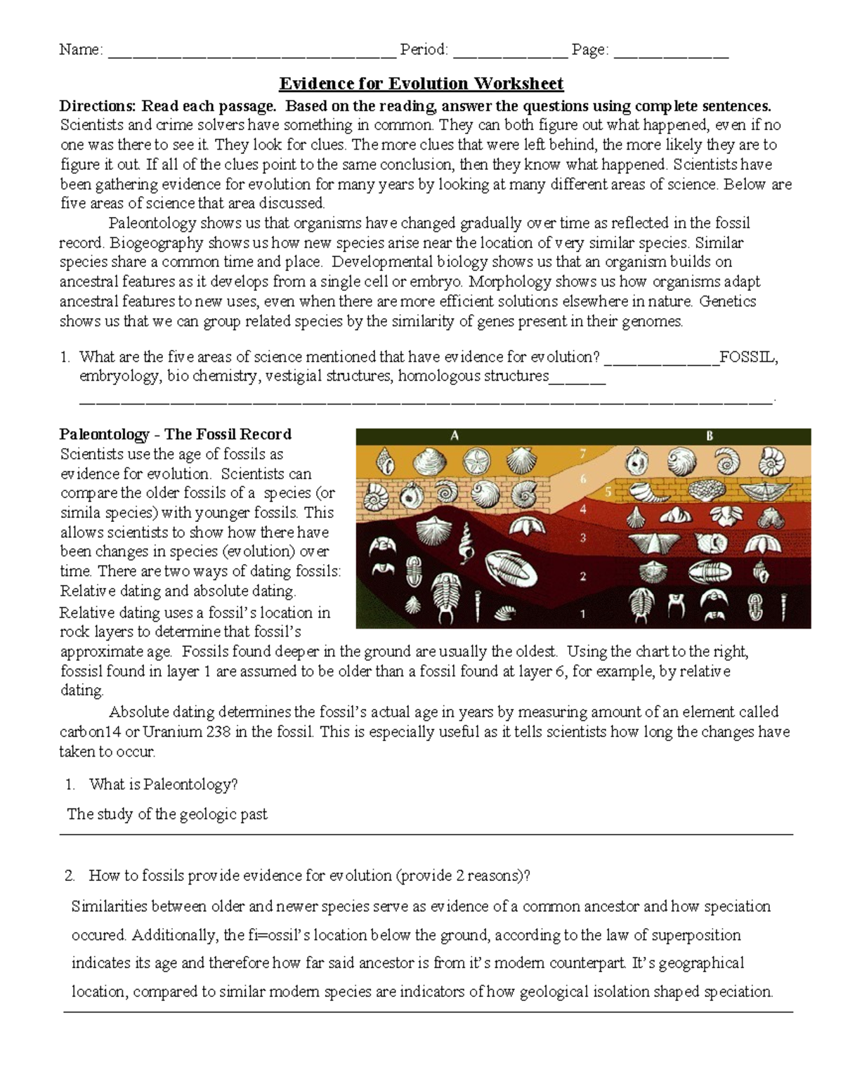 Evidence for Evolution: Key Concepts and Worksheet (Bio 101) - Studocu