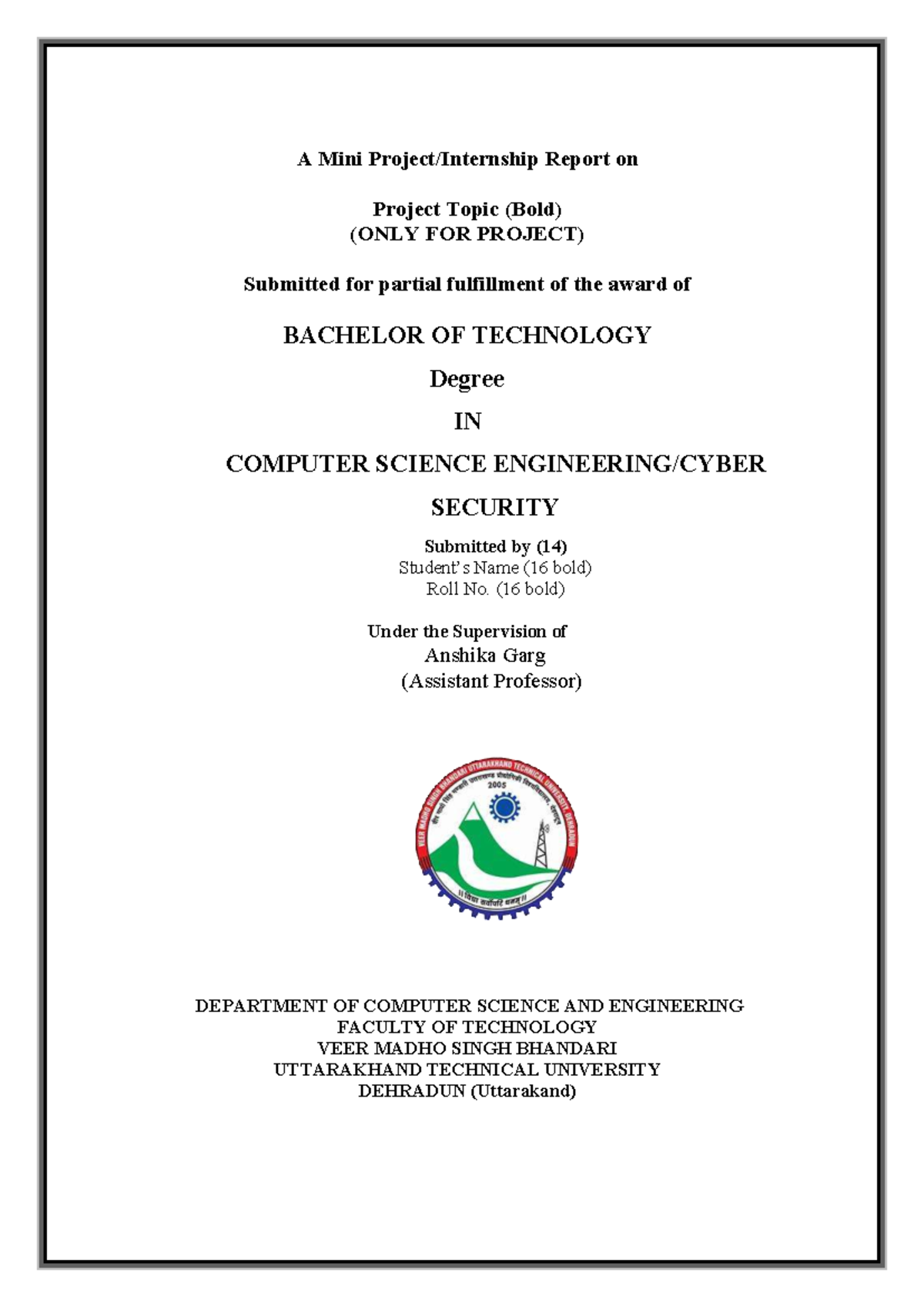 Internship Mini Project Report Format (B.Tech CSE) - Studocu