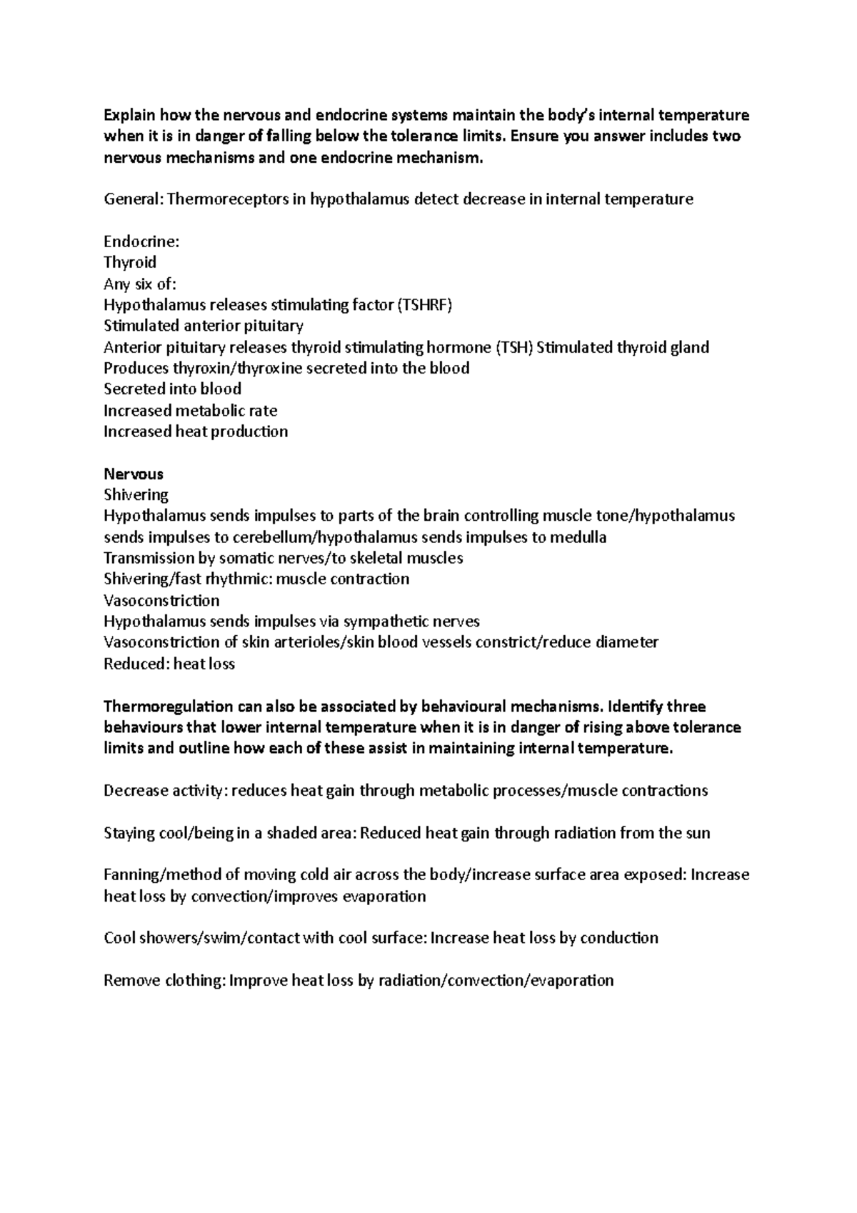 Thermoregulation Extended Response: Nervous & Endocrine Systems ...