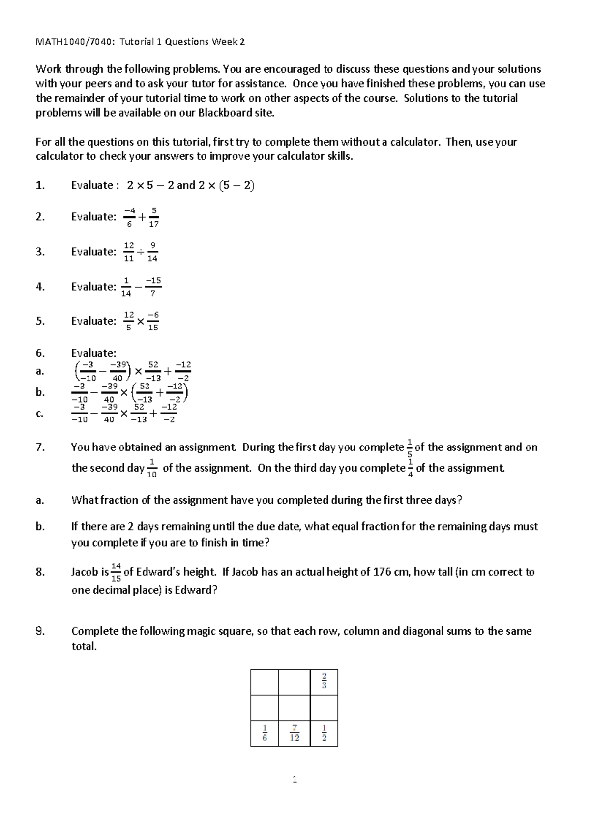 1040 Tutorial Questions Week 2 - Basic Mathematics - MATH1040/7040 ...