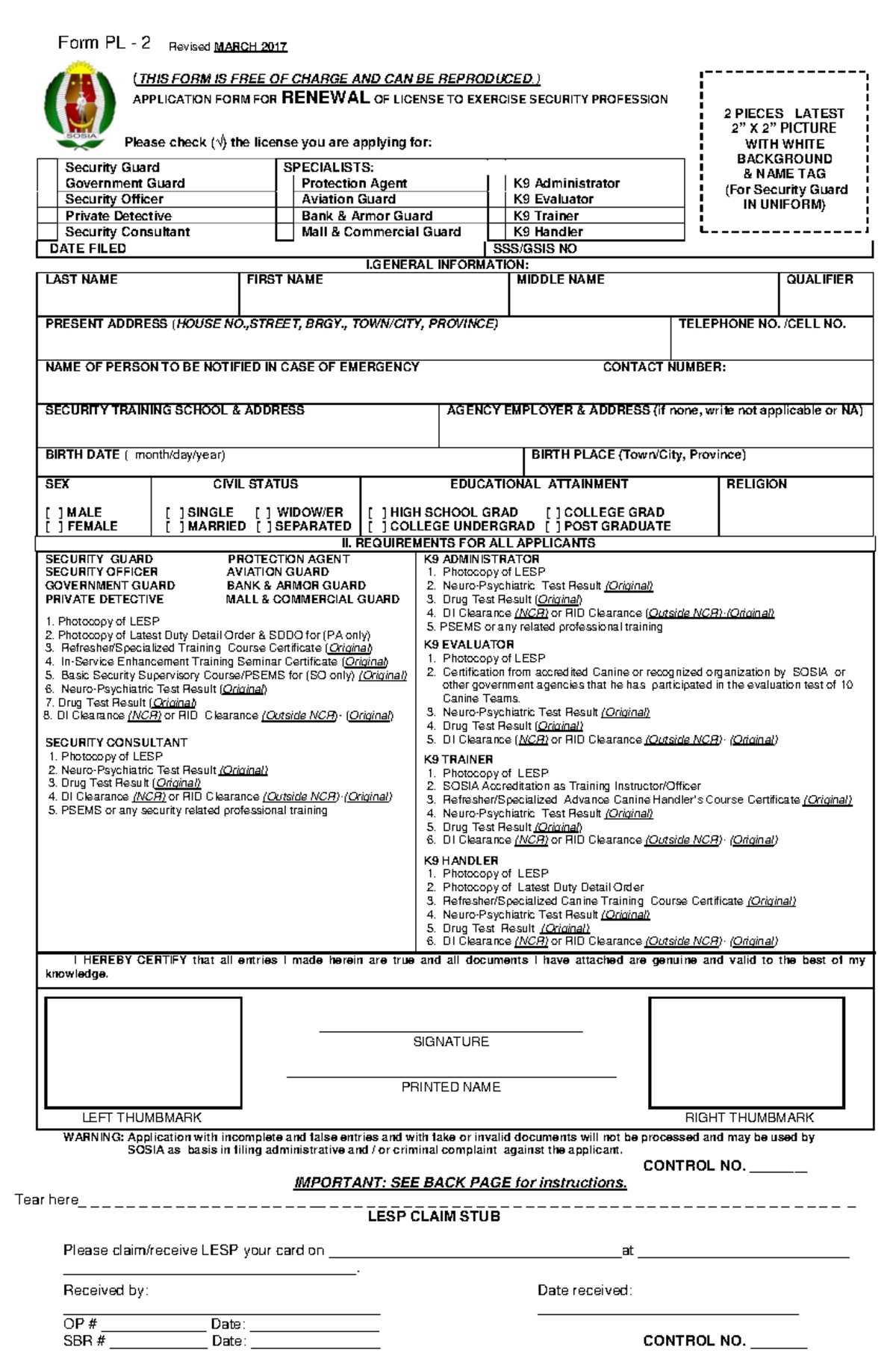 Application Form for Renewal of Security License (Form PL 2) - Studocu