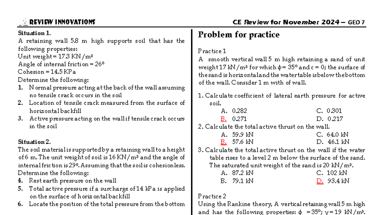 GEO-7 NOV 2024 Geotech Review: Retaining Wall Analysis & Practice Problems - Studocu