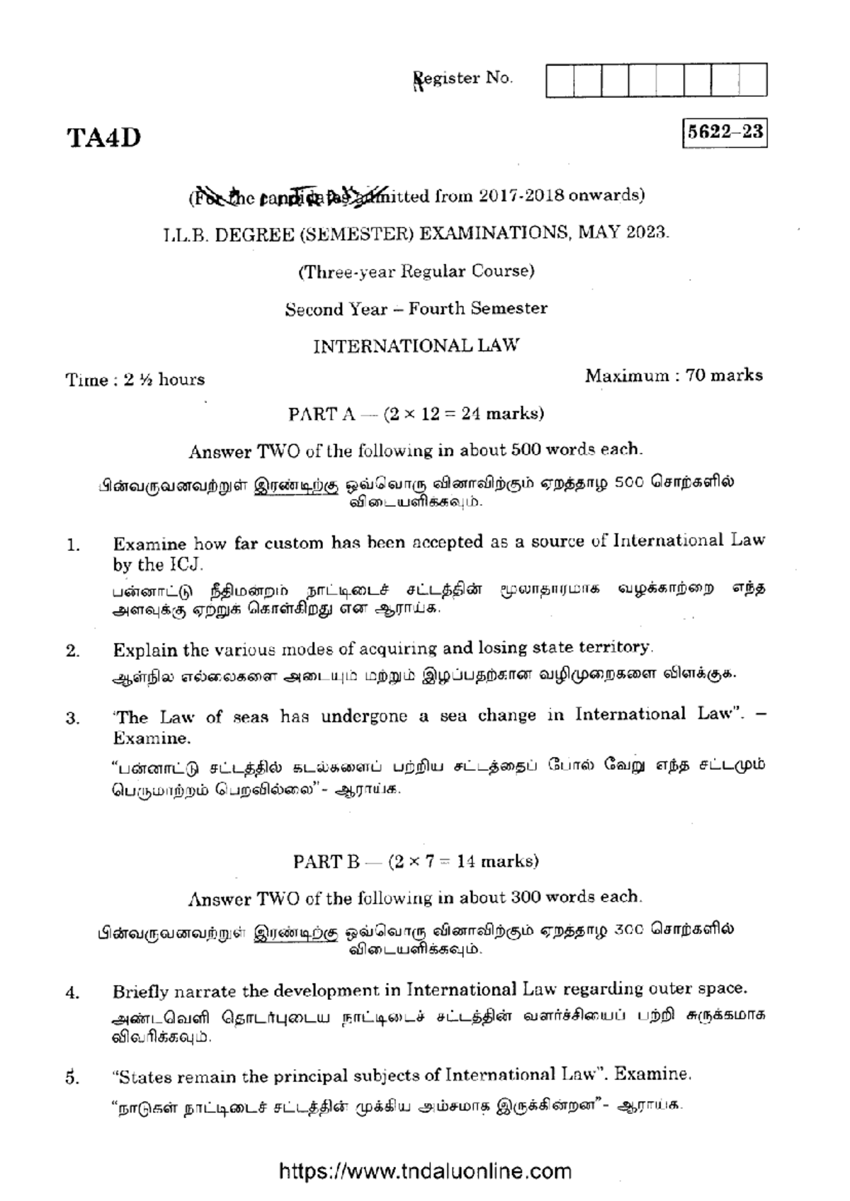 Llb 4 sem international law 5622 23 may 2023 - Register No. TA4D (For ...