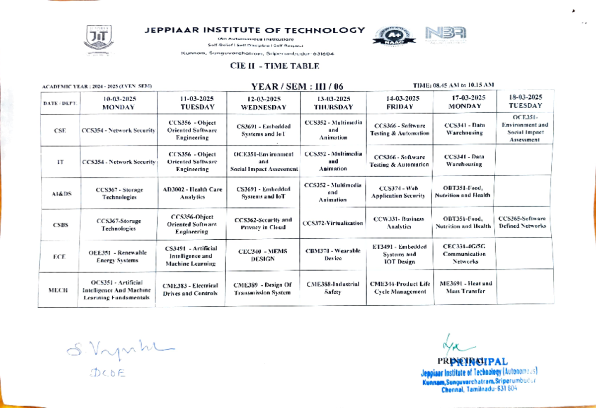CIE II Time Table - III Year - DATE / DEPT. ACADEMIC VEAR: 2024 - 2025 (EVEN SEM) CSE IT Al&DS ...
