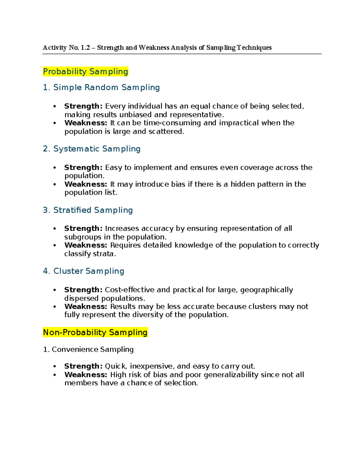 Activity No. 1.2 - Analysis of Strengths & Weaknesses in Sampling Techniques - Studocu