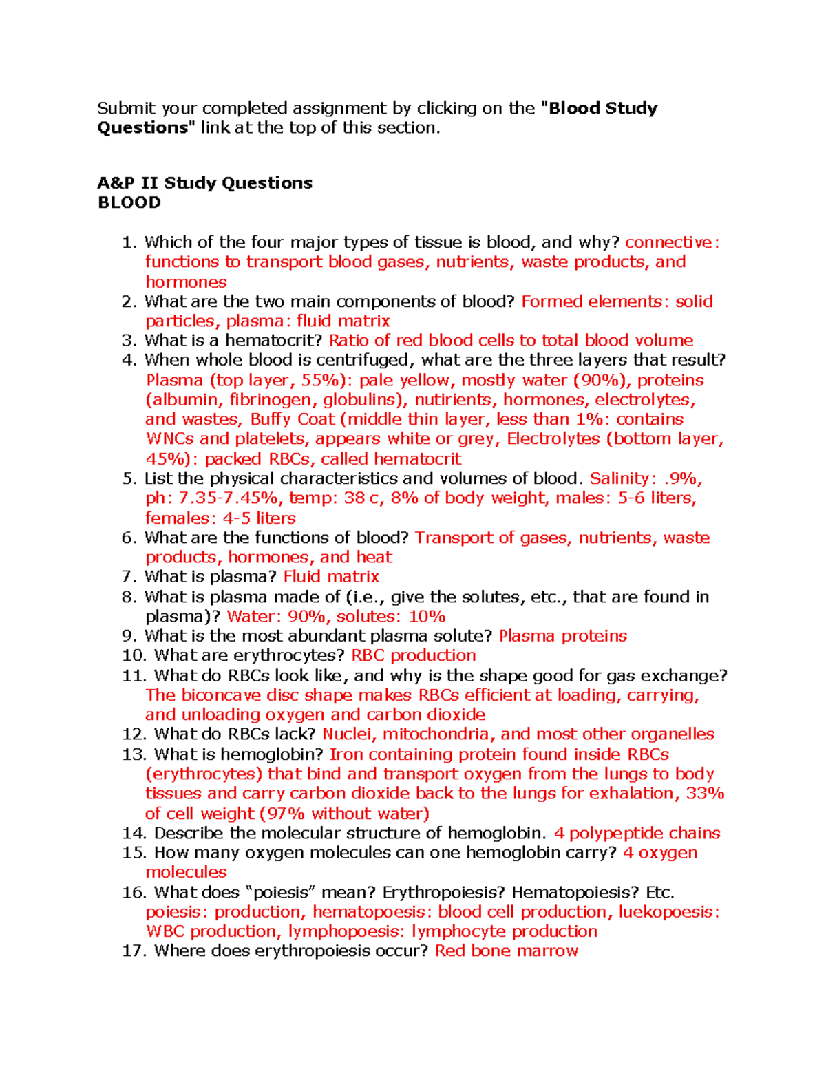 A&P II Study Questions: Blood Components and Functions Explained - Studocu