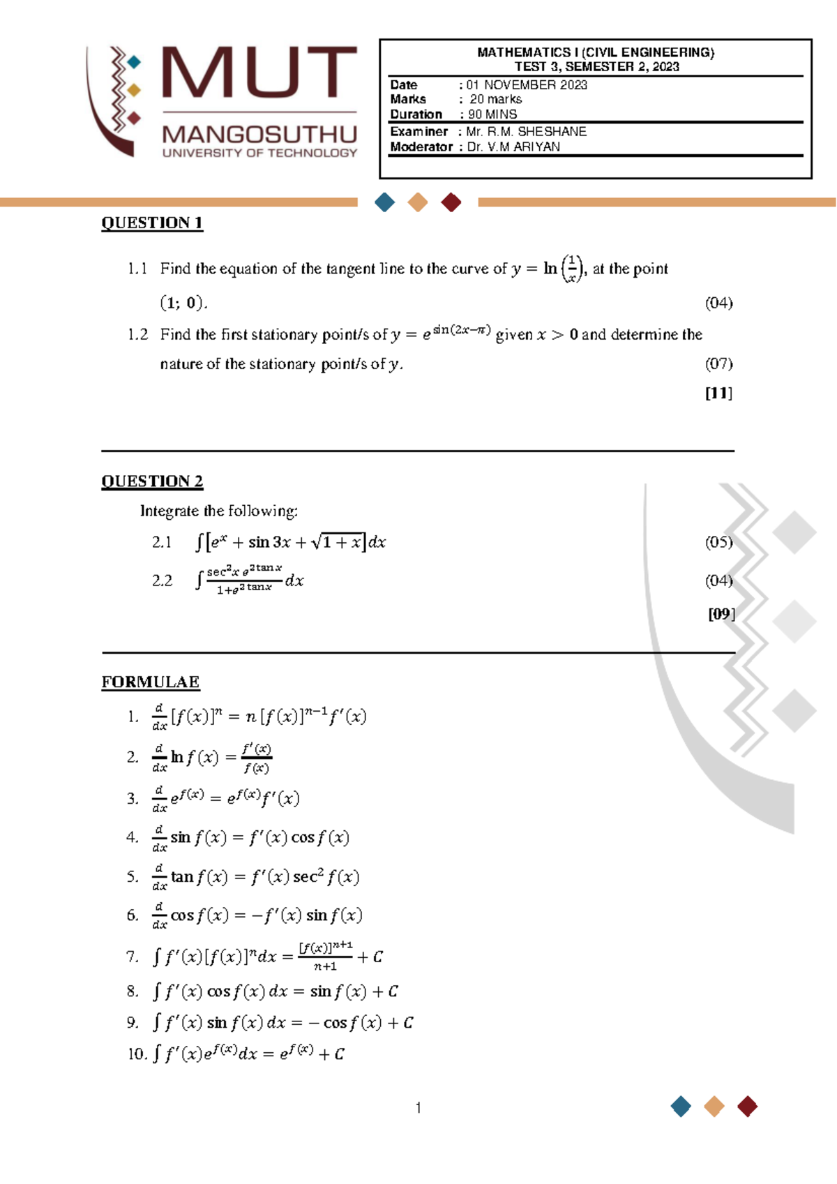 Test 3 Mathematics I (Civil Engineering) - Semester 2, 2023 - Studocu