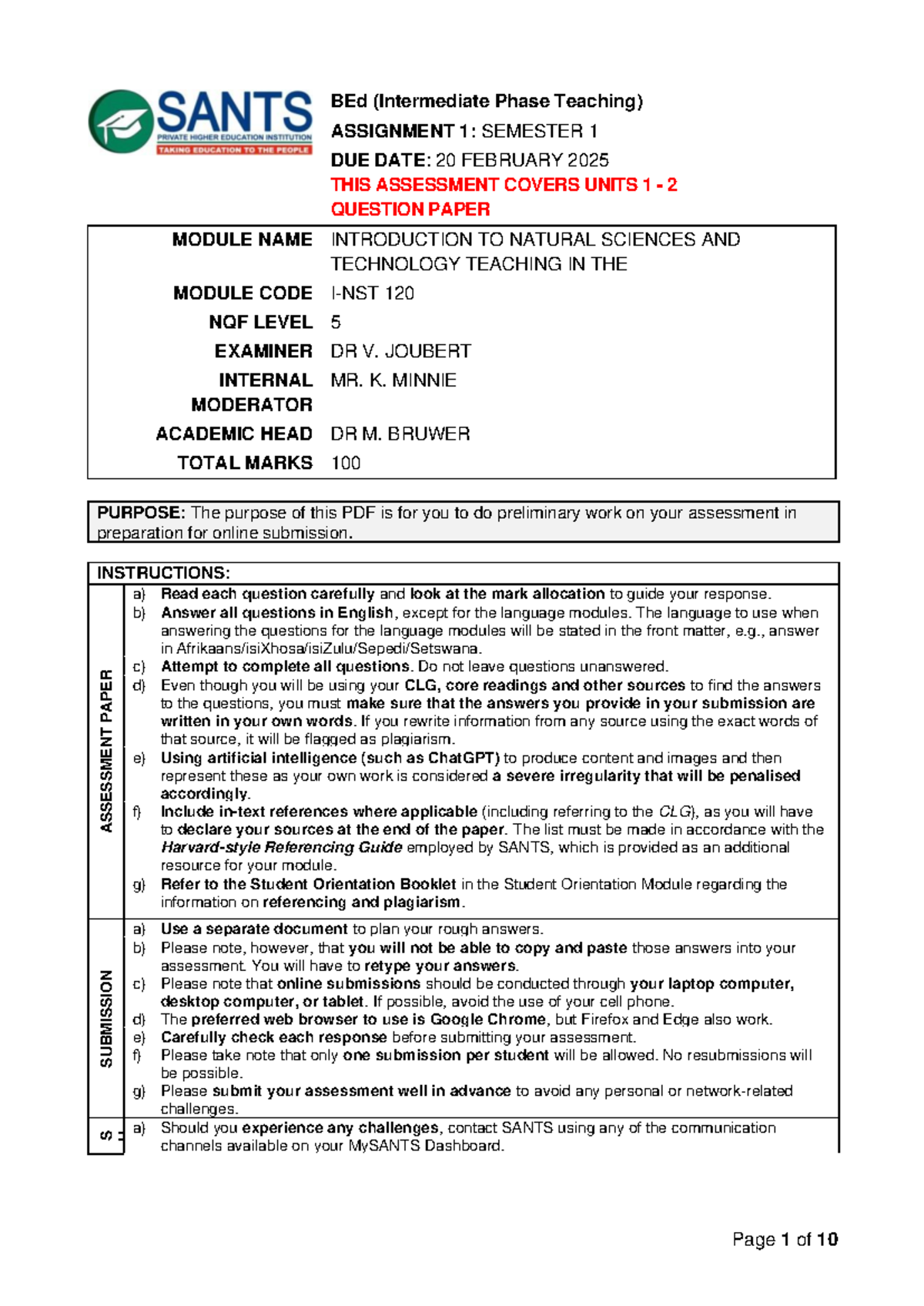 BEd NST I-NST 120 Assignment 1: Teaching Assessment & Prep Guide - Studocu