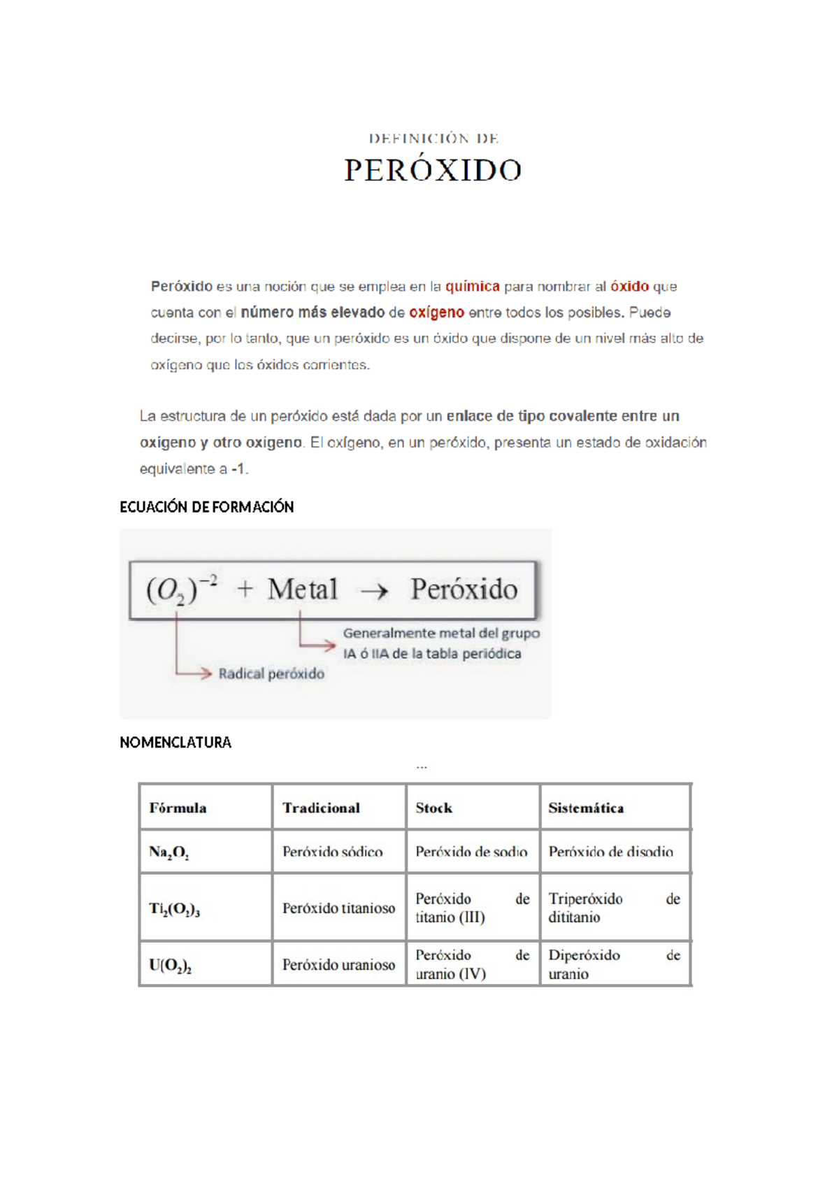 Definición y Nomenclatura de Peróxidos en Química - Studocu