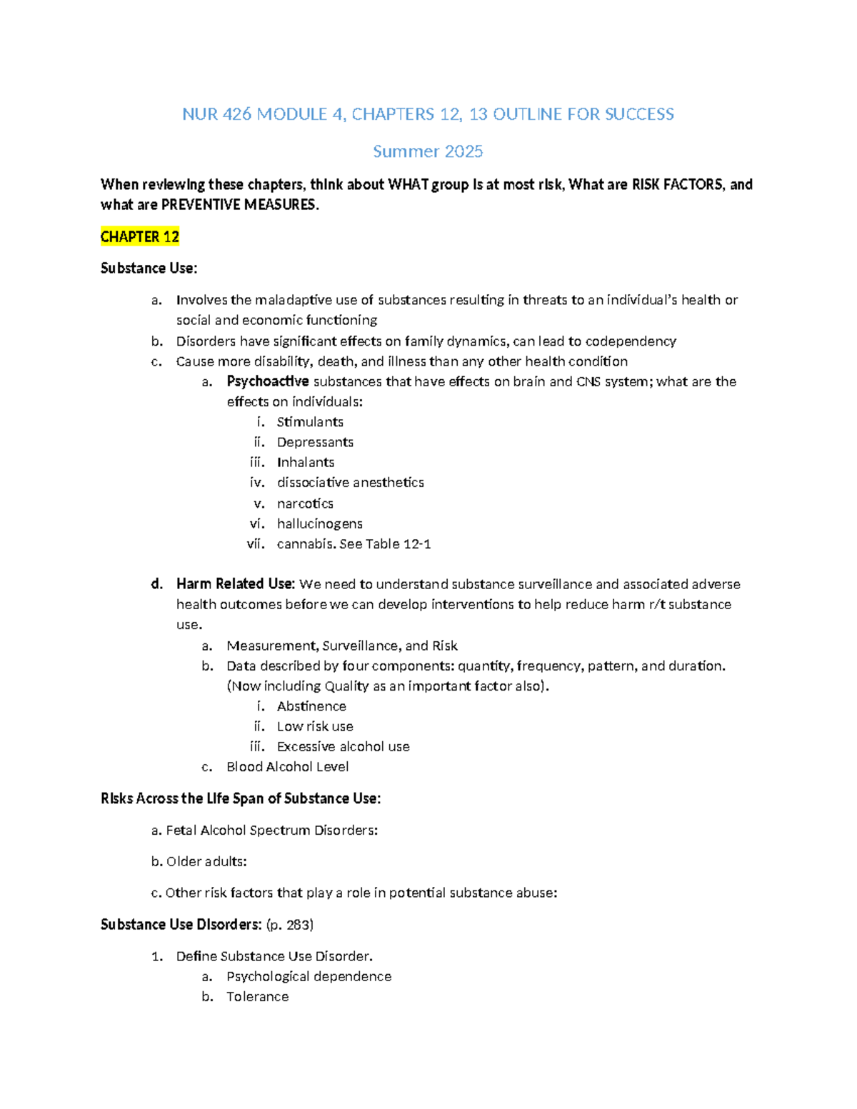 NUR 426 Module 4 Study Guide: Chapters 12 & 13 on Substance Use Risks ...