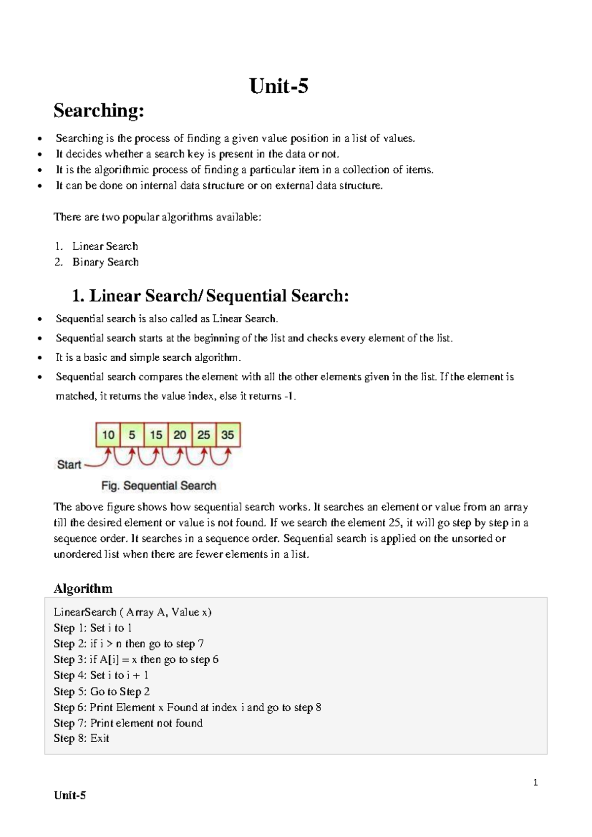 PSC UNIT 5 Part 1: Algorithms for Searching and Sorting Techniques - Studocu