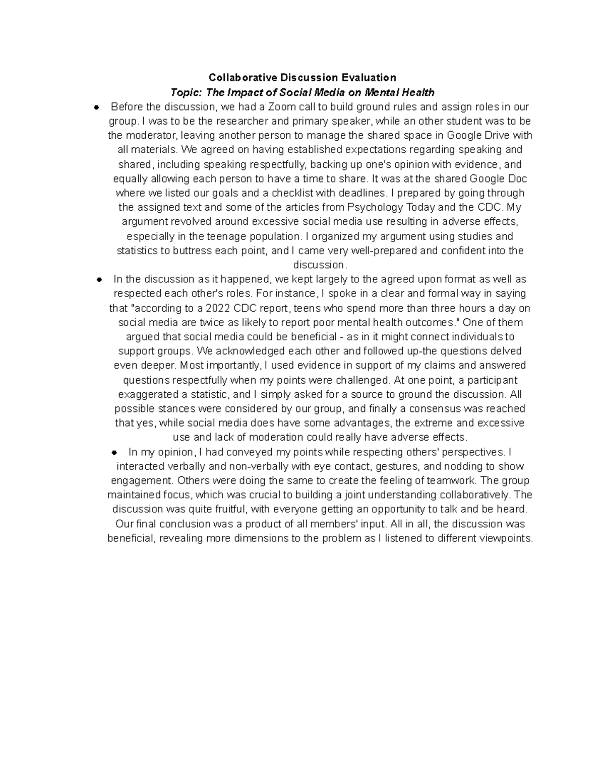 Collaborative Discussion Evaluation: Impact of Social Media on Mental ...
