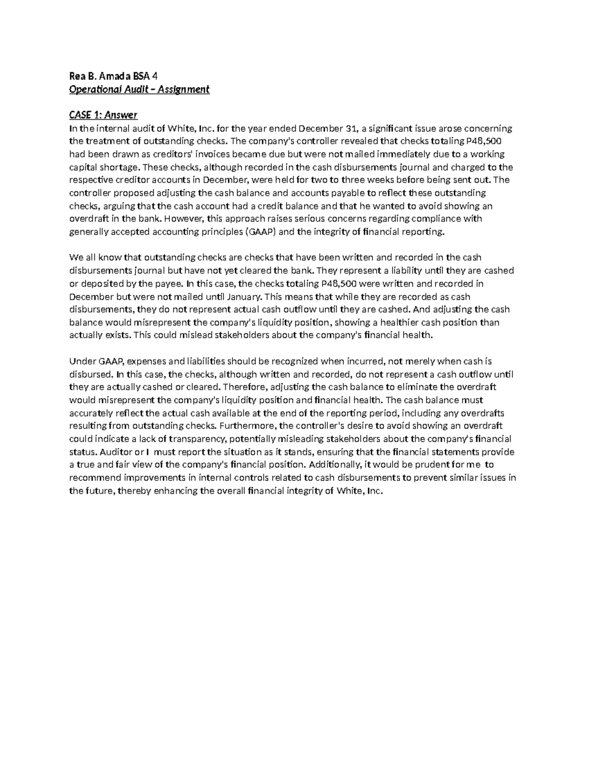 Operational Audit Case Study: White, Inc. BSA 4 Assignment - Studocu