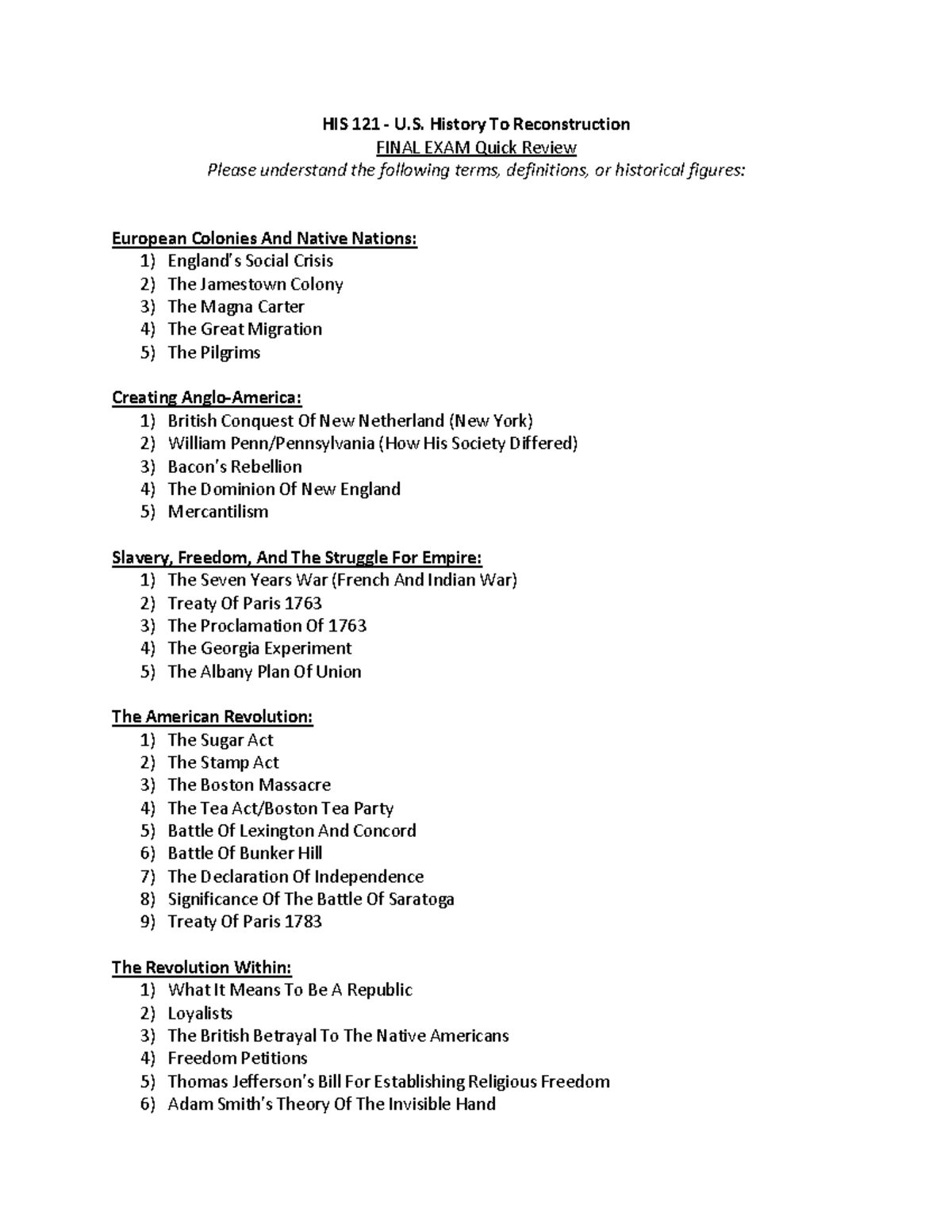 HIS 121 - U.S. History To Reconstruction FINAL EXAM Review Guide - HIS ...