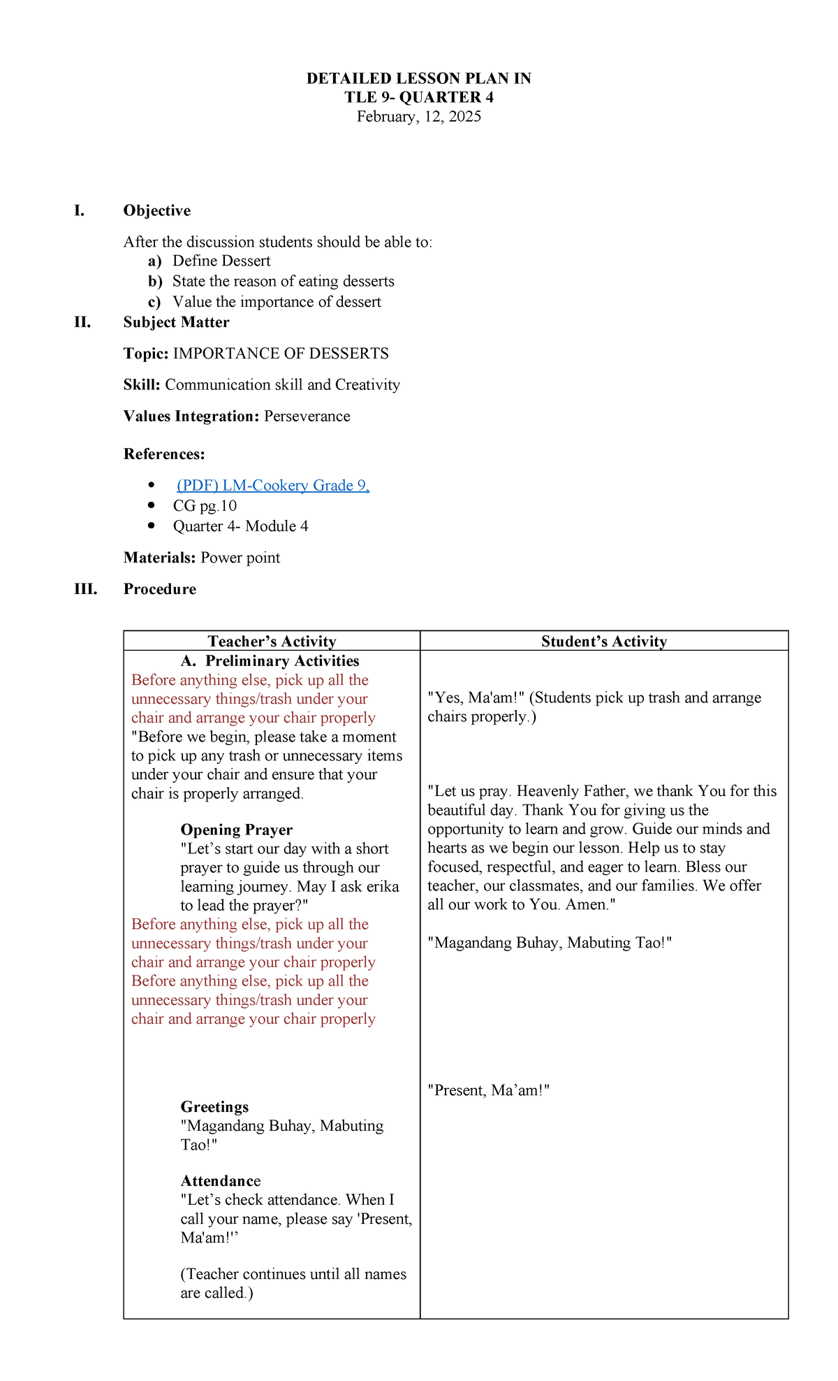 DLP TLE 9: Lesson Plan on the Importance of Desserts - Studocu