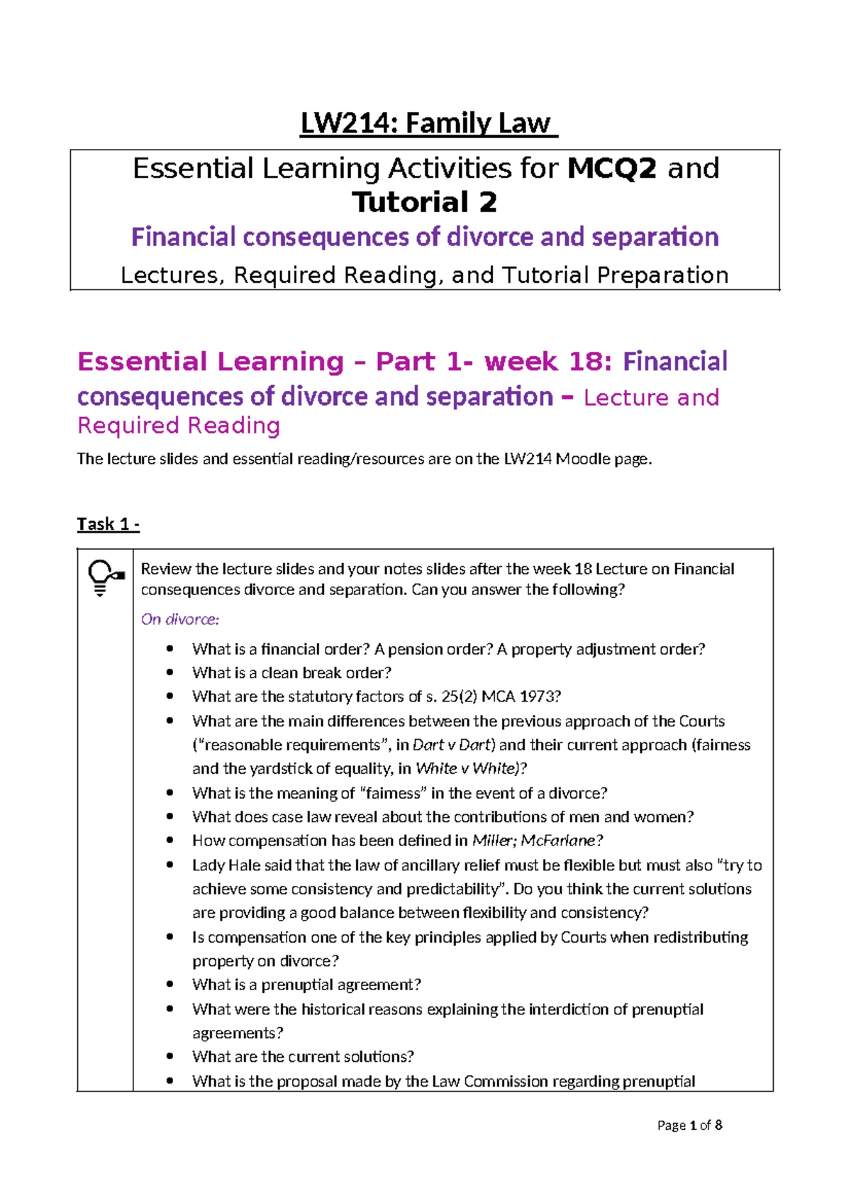 Tutorial 2 - Financial remedies and property on divorce and separations ...