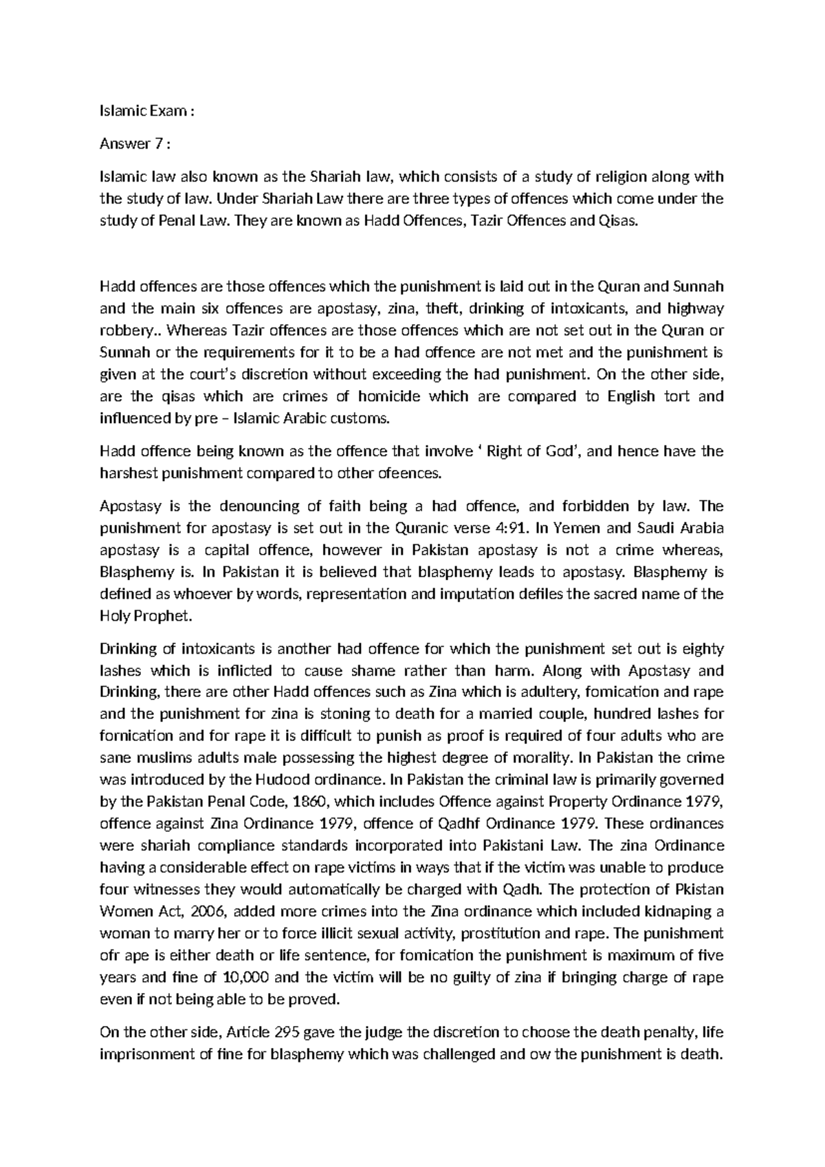 Islamic Law Study: Key Offences under Shariah (Islamic Exam) - Studocu