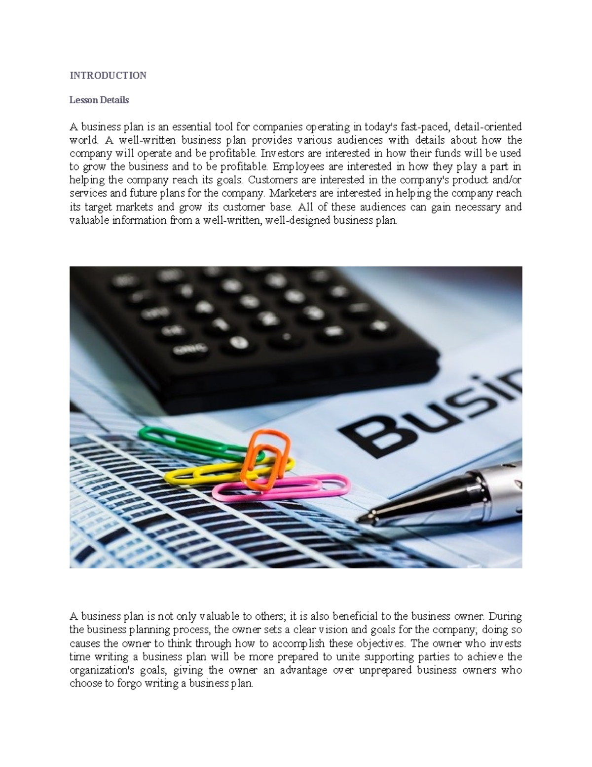 Business Model Planning - INTRODUCTION Lesson Details A business plan ...