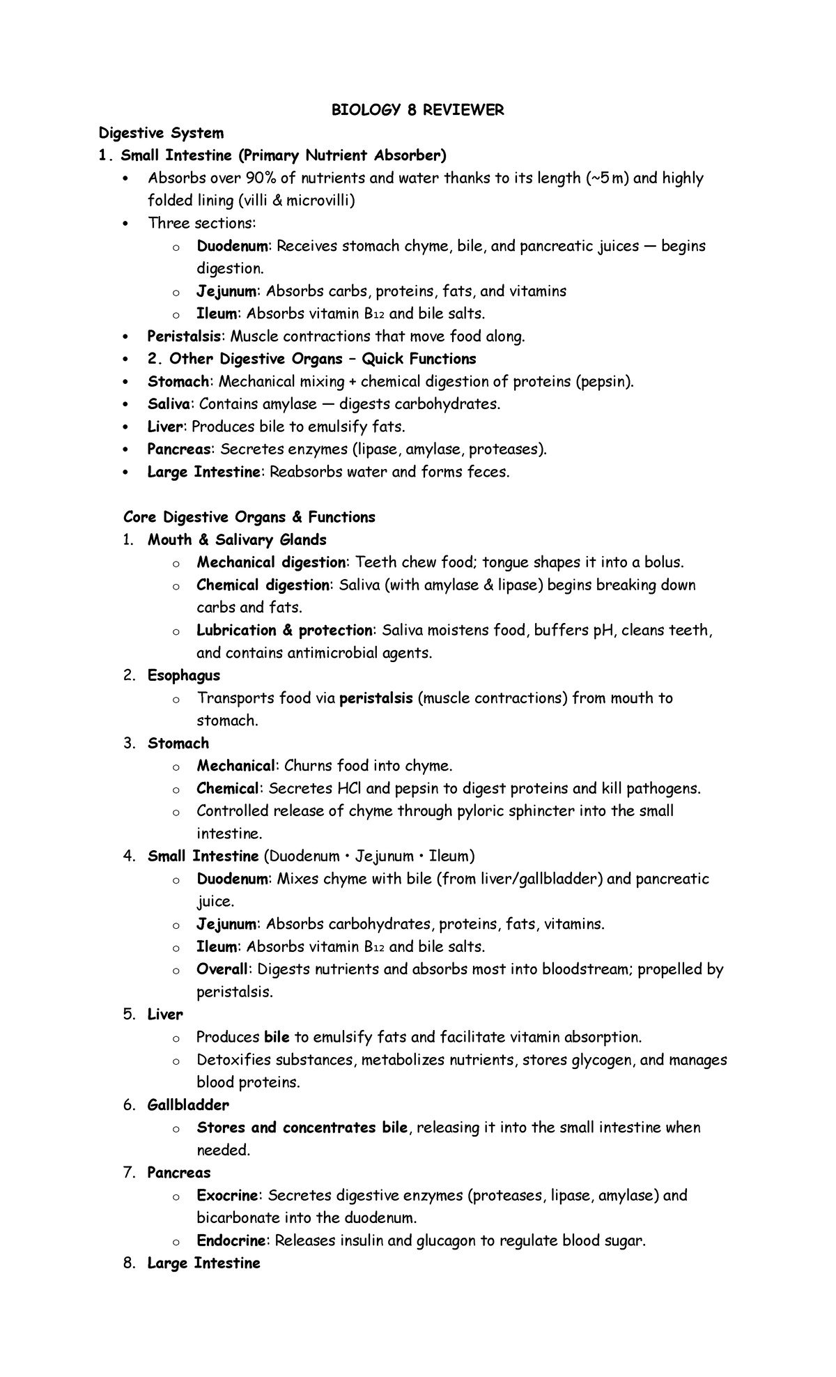 BIOLOGY 8 REVIEWER: Digestive & Excretory Systems Overview - Studocu