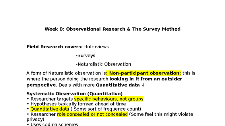 Week 8 Lecture: Observational Research & Survey Methods - Studocu