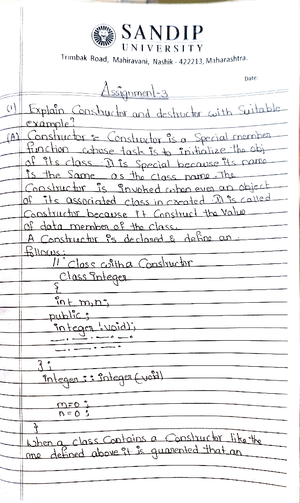 Oop assignment 1-1 - Notes - oor 1 AS SANDIP UNIVERSITY Trimbak Road ...