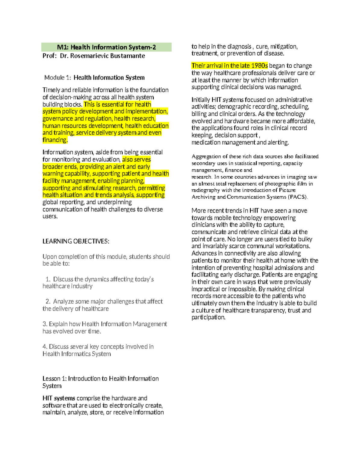 M1 - Lesson from modules - M1: Health Information System- Prof: Dr ...
