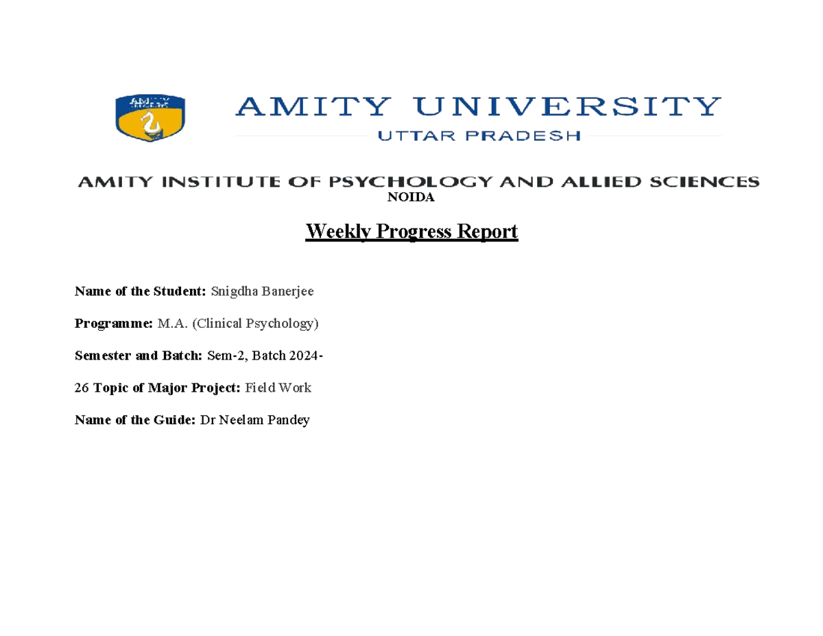 WPR-4: Weekly Progress Report for M.A. Clinical Psychology - Studocu
