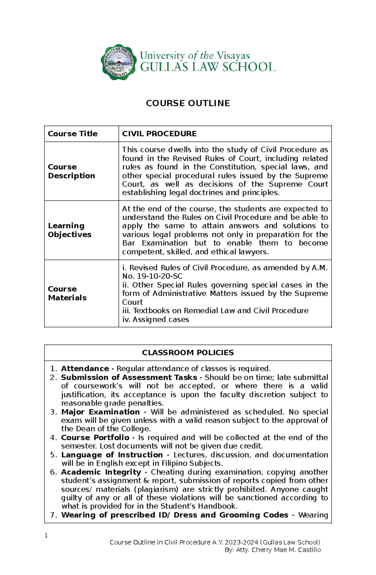 Course Outline for Civil Procedure (GLL 2023-2024) - Studocu