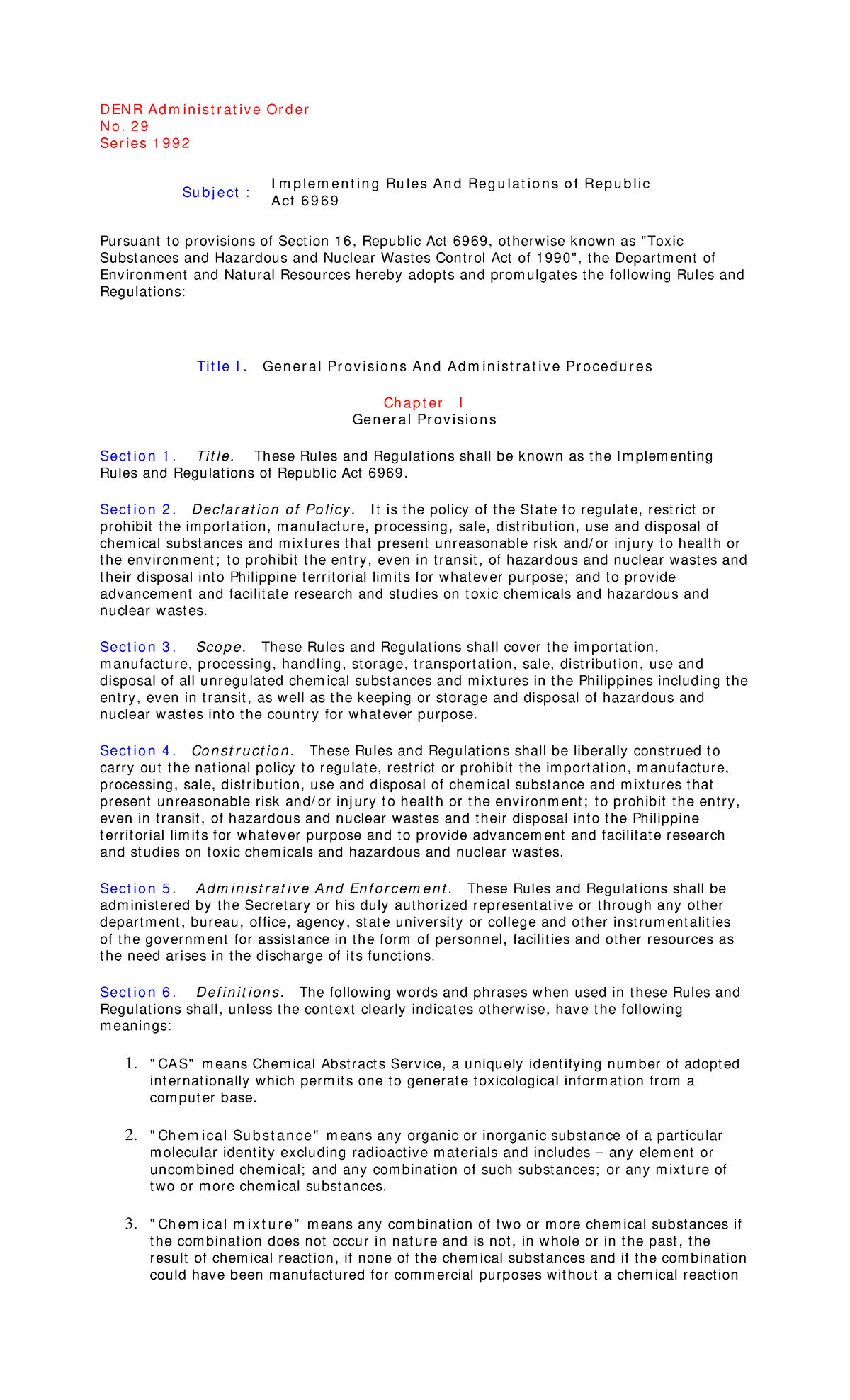 DAO 29 1992 IRR of RA 6969: Toxic Substances Control Guidelines - Studocu