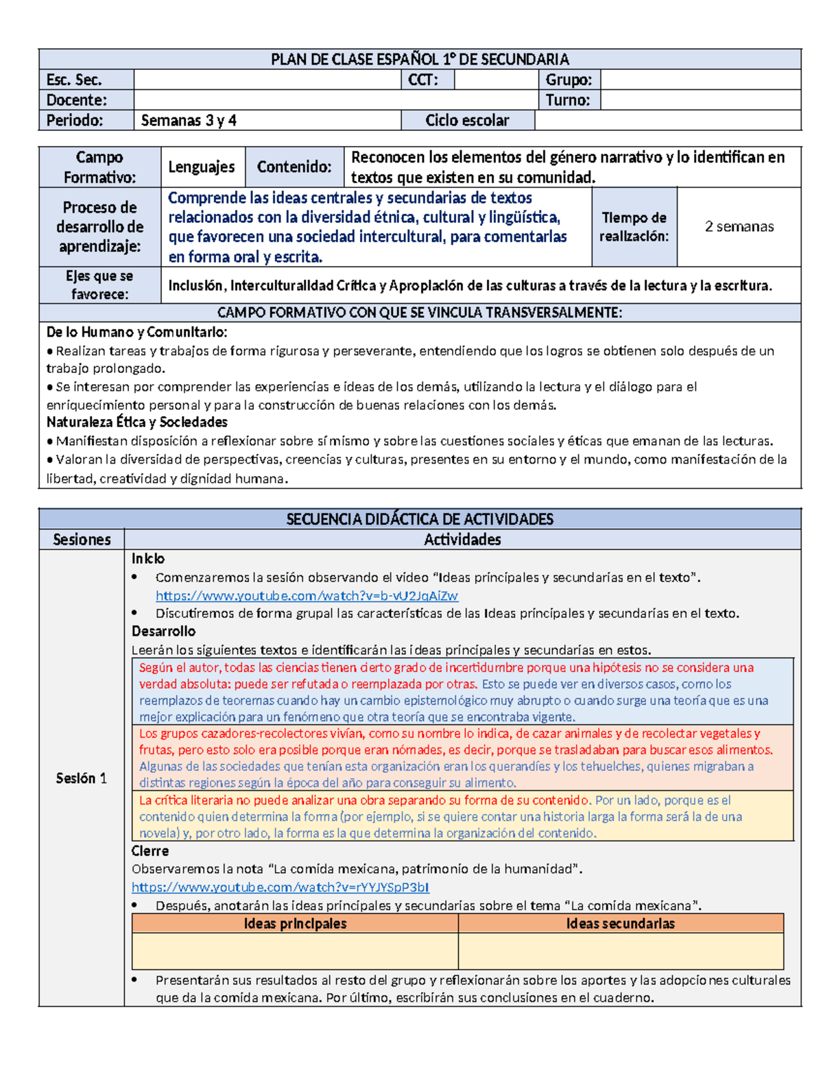 Plan de Clase: Diversidad Étnica, Cultural y Lingüística en México 1 ...