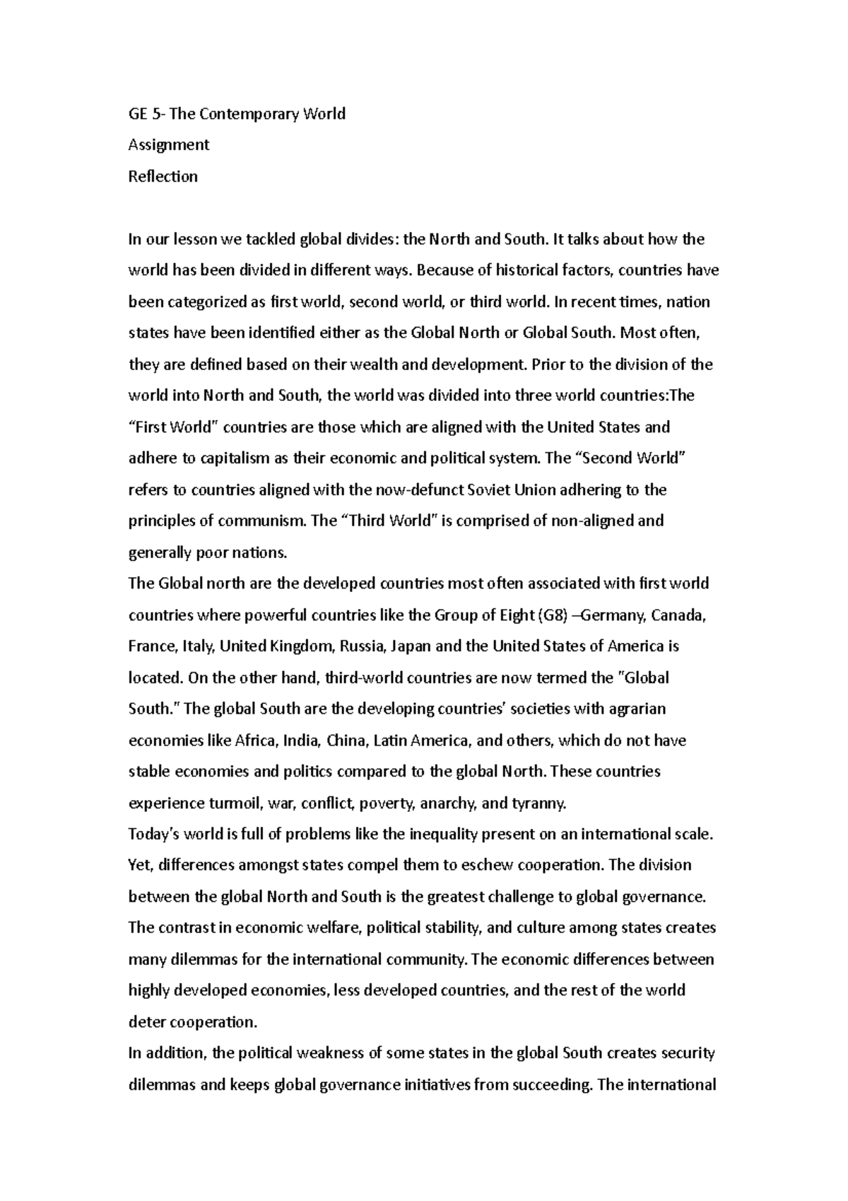 GE5-Reflection - The Contemporary World-Reflection Paper- Global ...