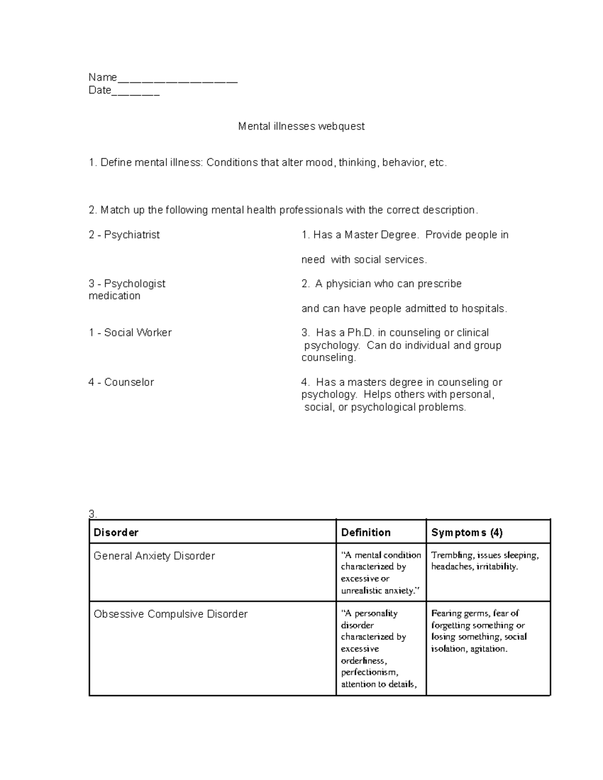 Psychological Disorders Web Quest: Understanding Mental Illnesses - Studocu