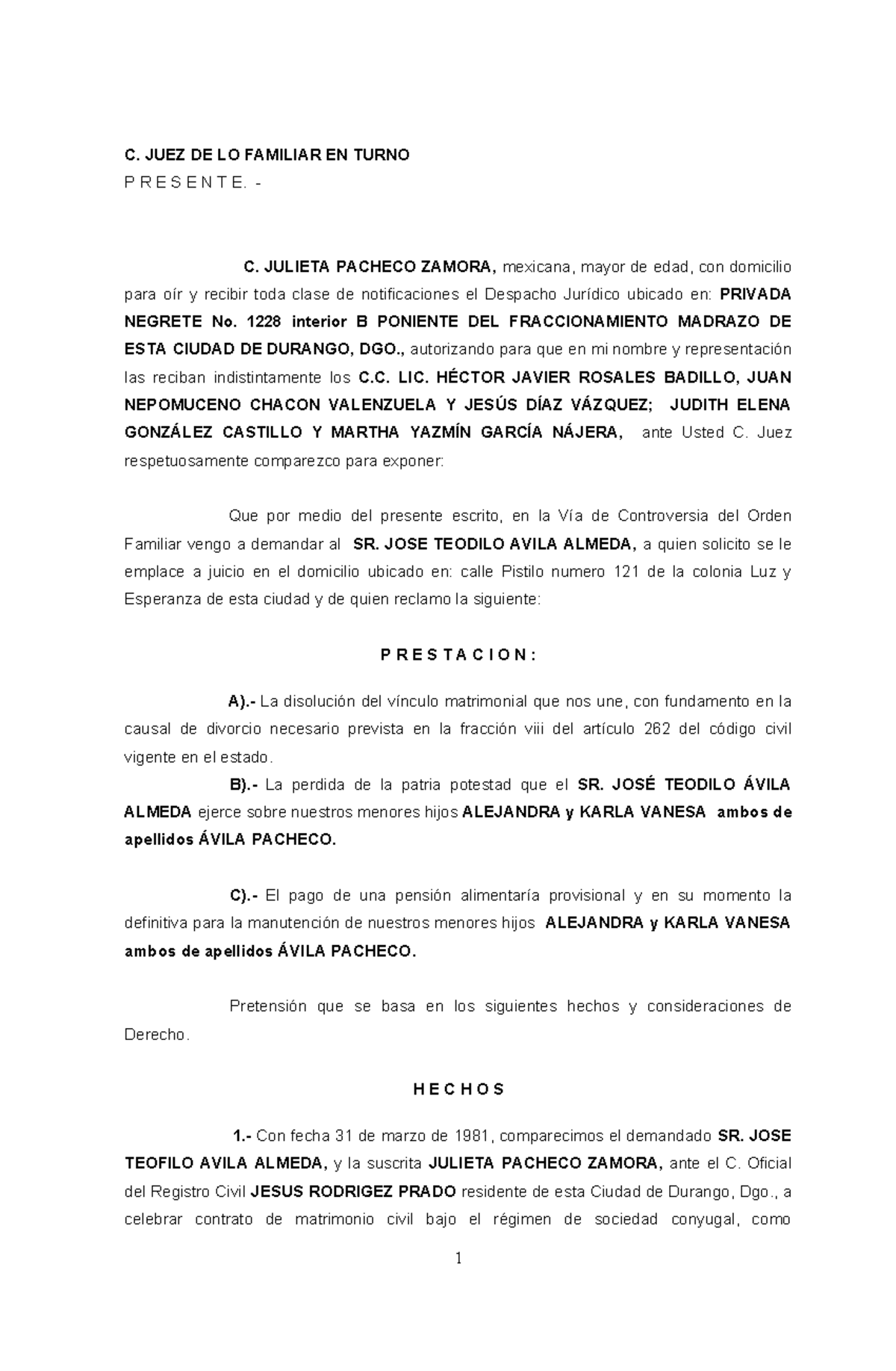 Demanda de Divorcio Necesario - C. PACHECO ZAMORA vs. J. T. AVILA - Studocu
