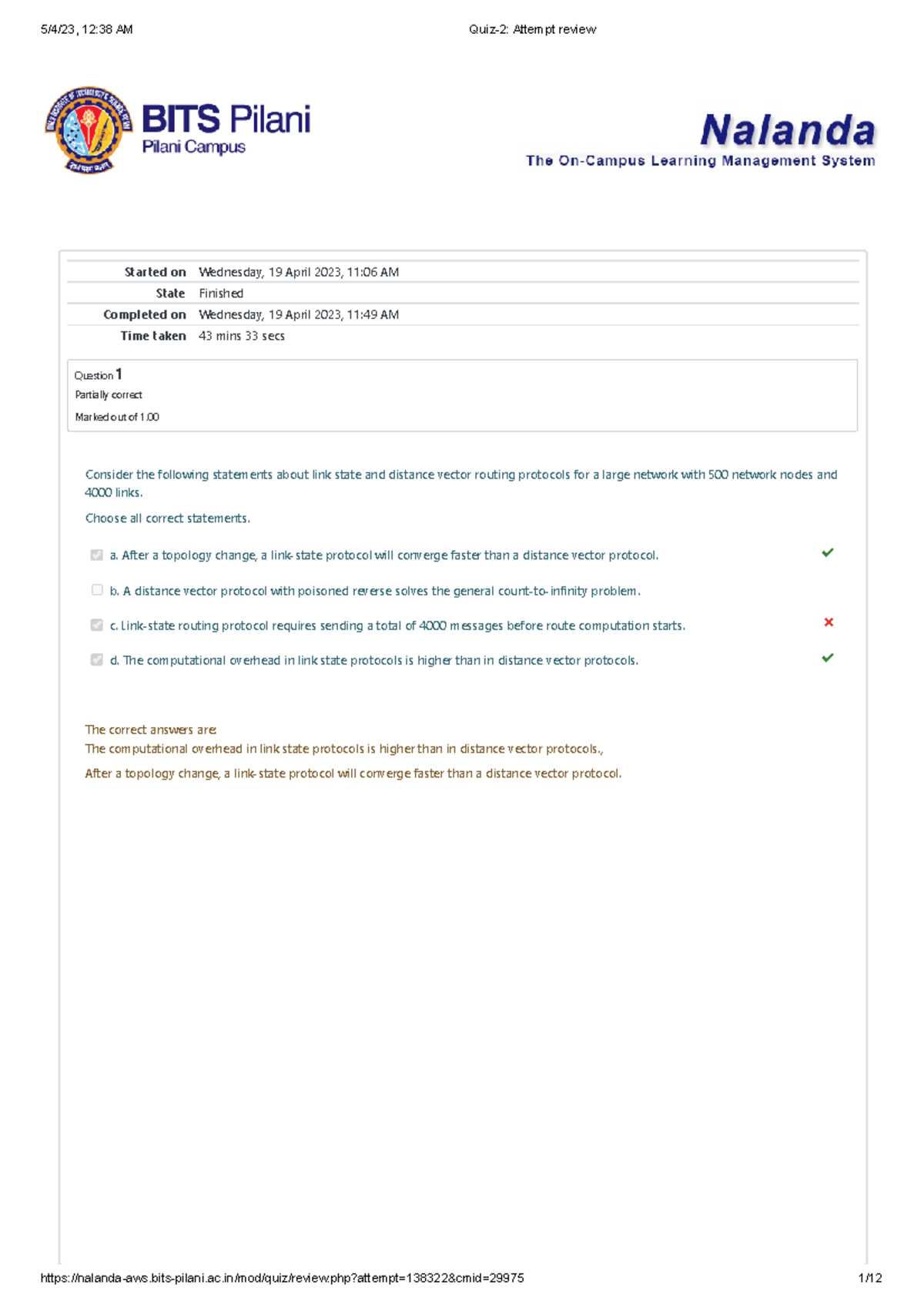 quiz of computer network - Started on Wednesday, 19 April 2023, 11:06 ...