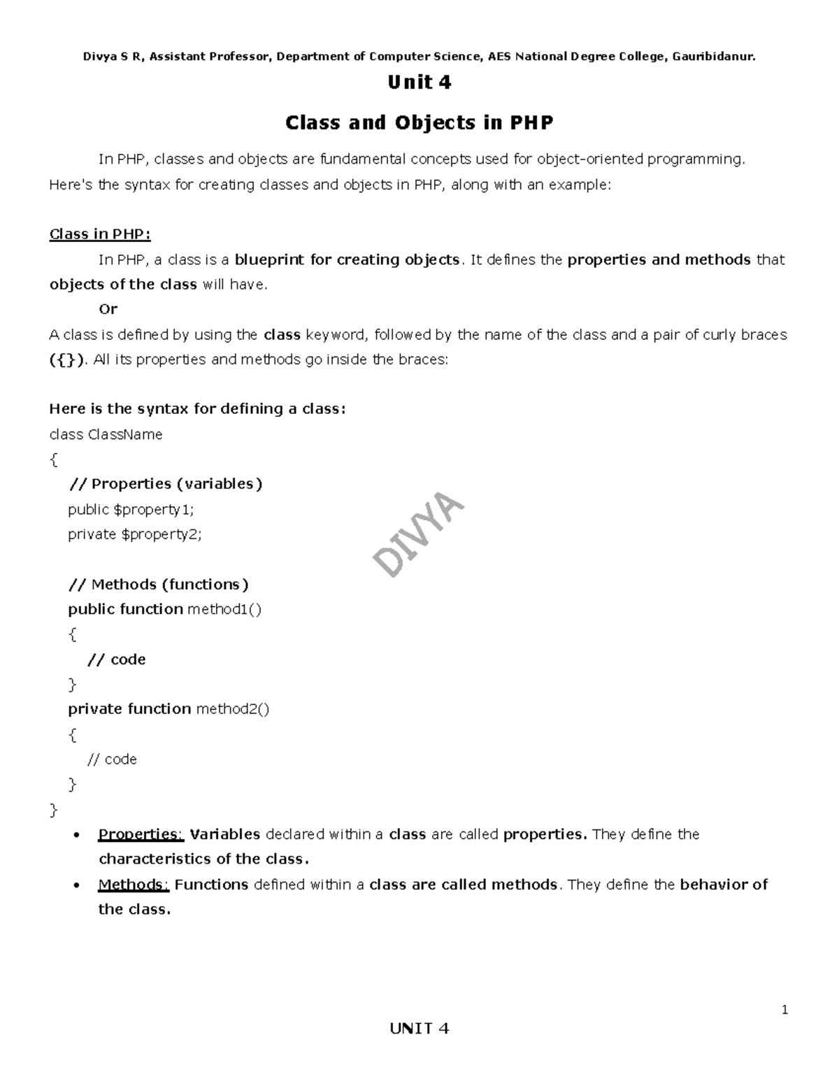 Unit 4: Class and Objects in PHP - Concepts and Examples - Studocu