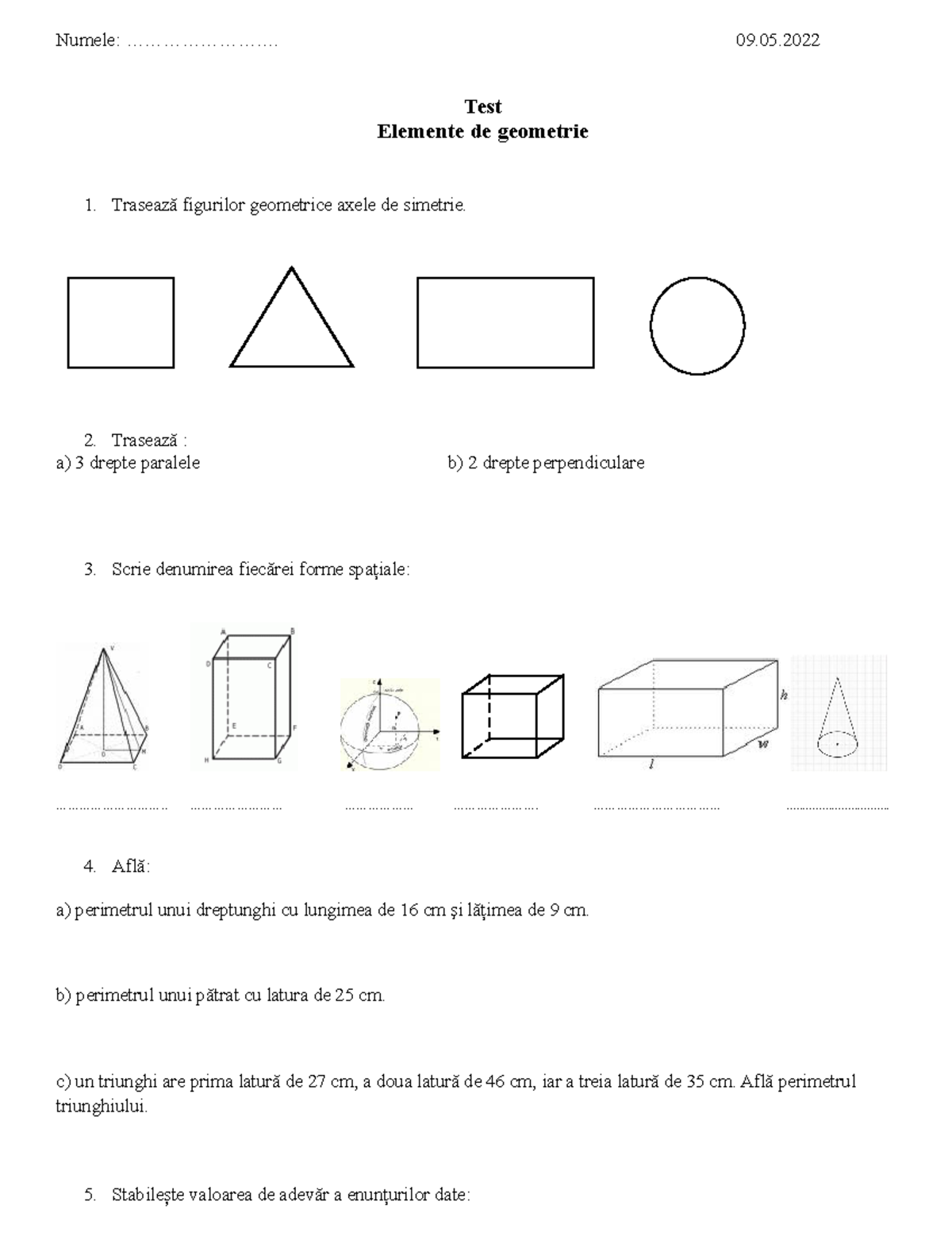 Test de Geometrie - Elemente și Exerciții Esențiale - Studocu
