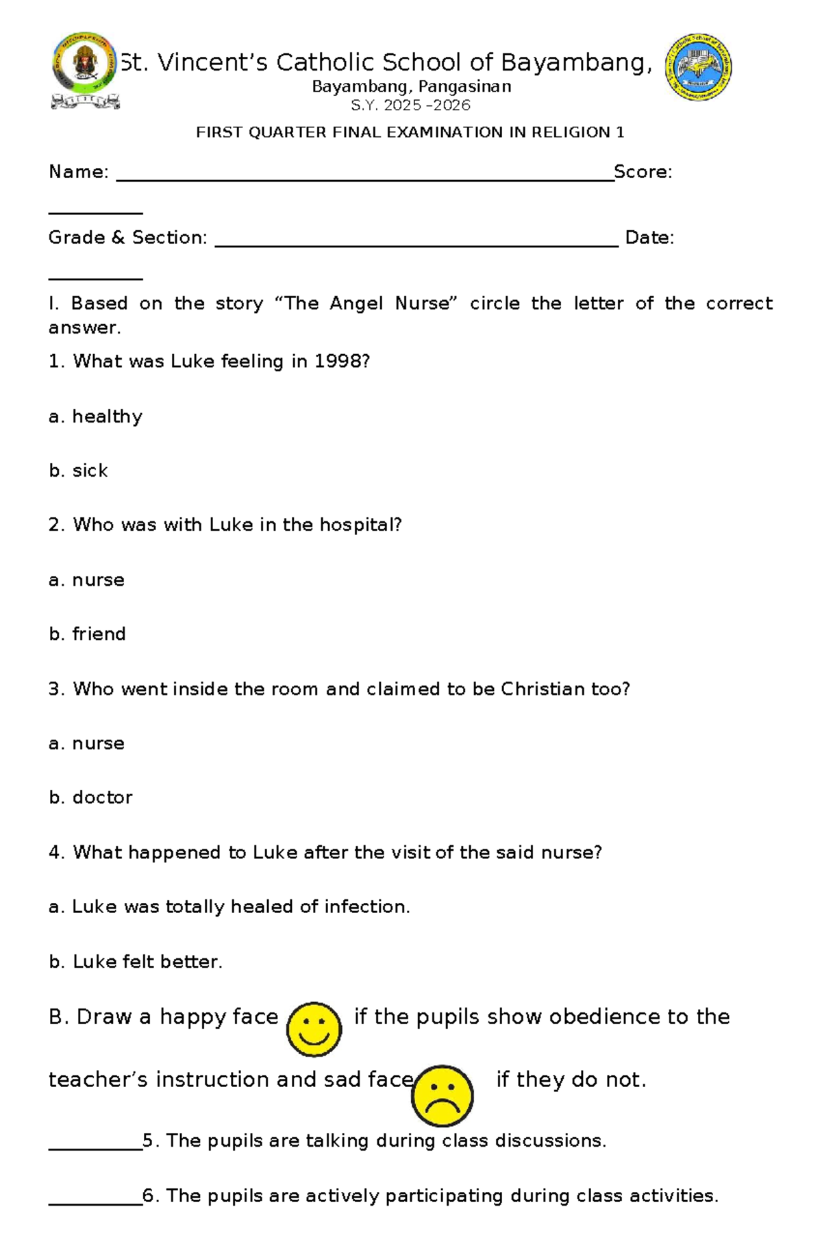 Religion 1 - S.Y. 2025 First Quarter Final Exam Test - Studocu