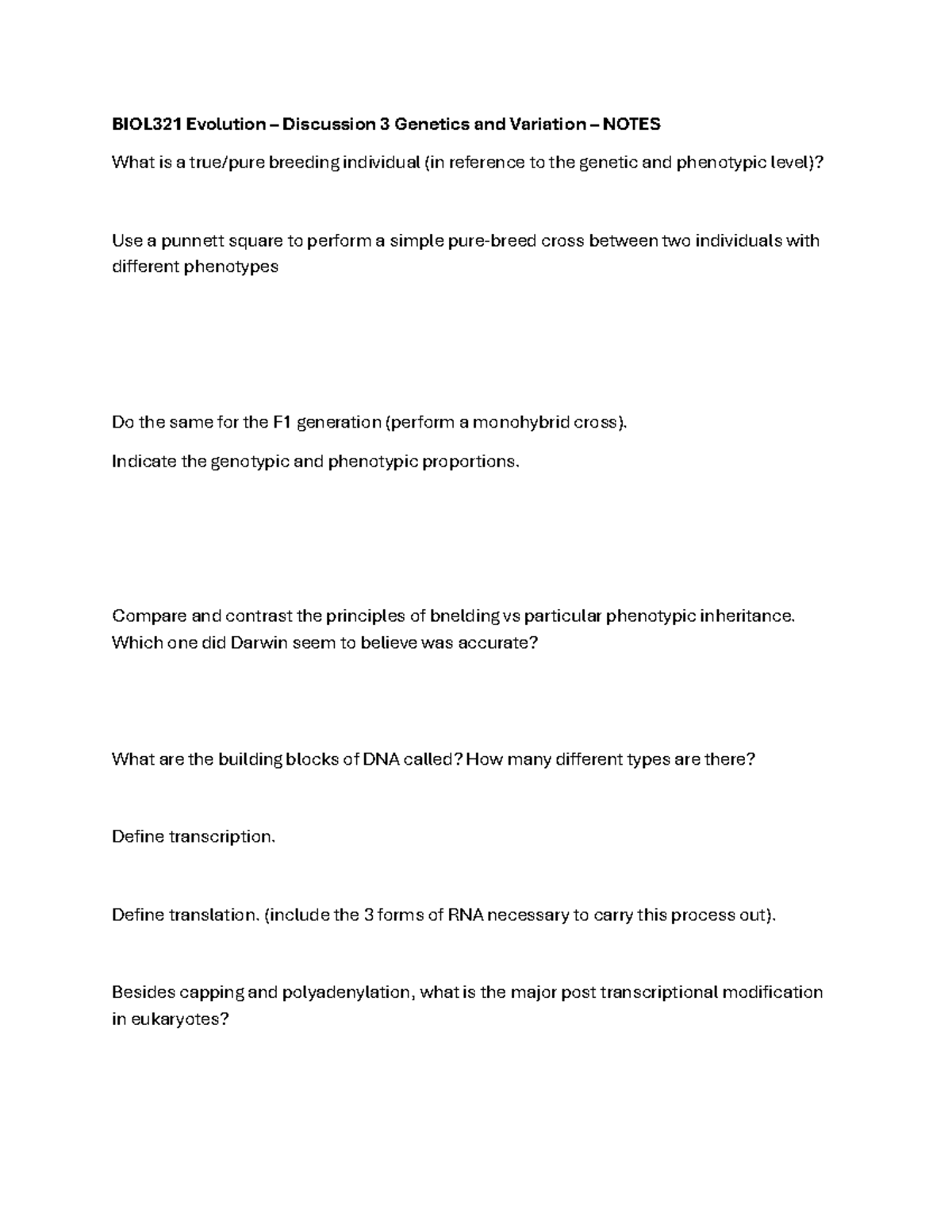 BIOL321 Discussion 3: Genetics, Variation, and Inheritance Notes - Studocu