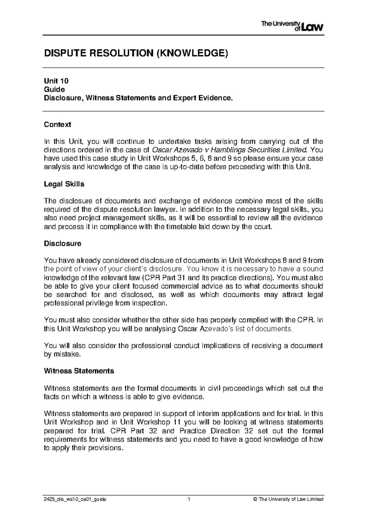 Unit 10 Guide: Disclosure, Witness Statements & Expert Evidence - Studocu