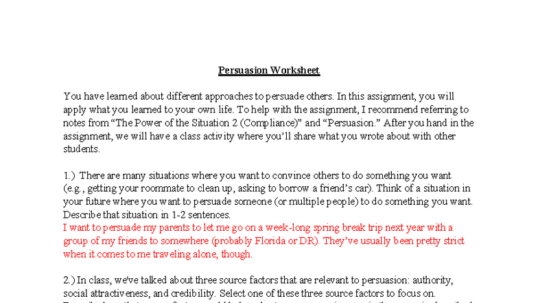 Persuasion Worksheet - Applying Techniques to Real-Life Scenarios - Studocu